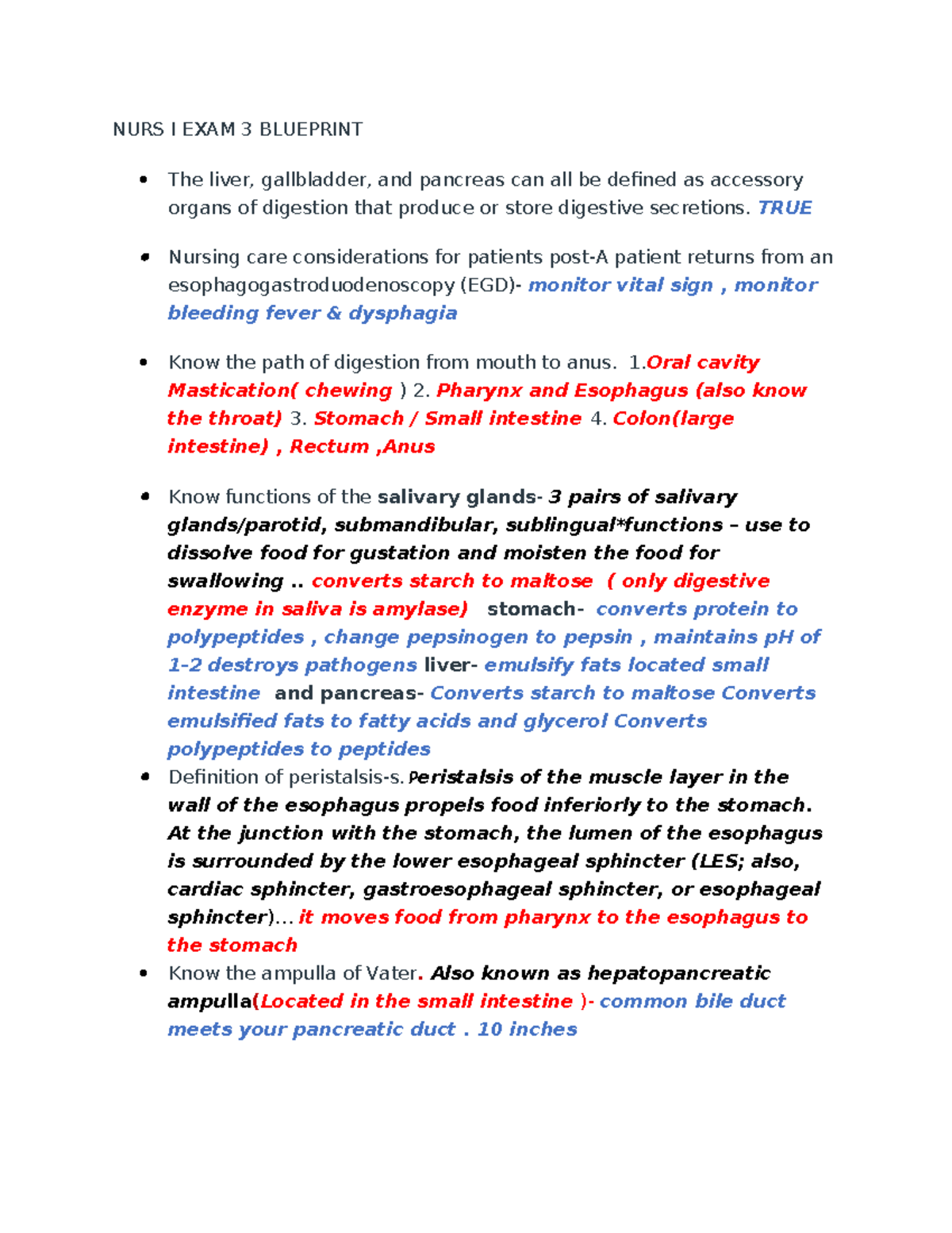 NURS I EXAM 3 Blueprint complete - NURS I EXAM 3 BLUEPRINT The liver ...