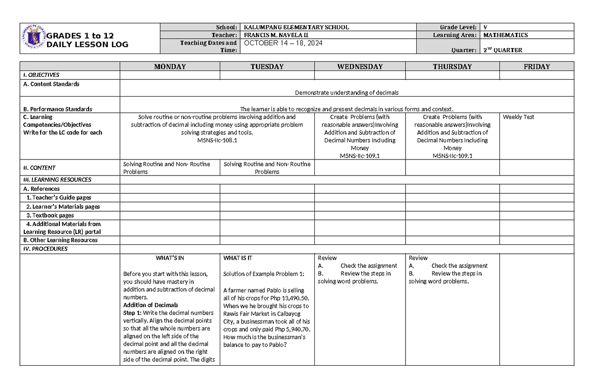 DLL Mathematics 5 Q2 W3 - daily lesson log - GRADES 1 to 12 DAILY ...