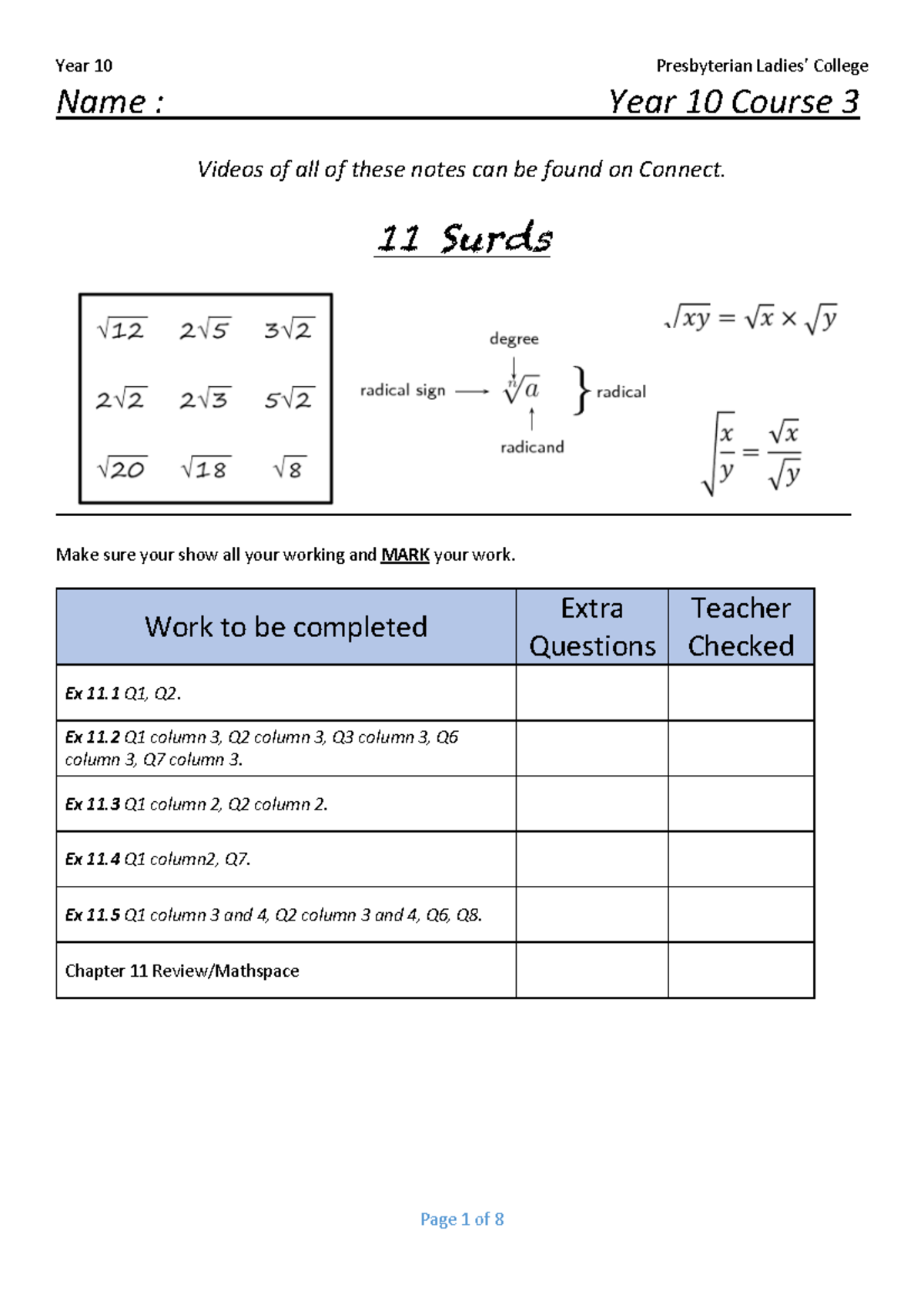 10 Ch 11 Surds Notes - Name : Year 10 Course 3 Videos of all of these ...
