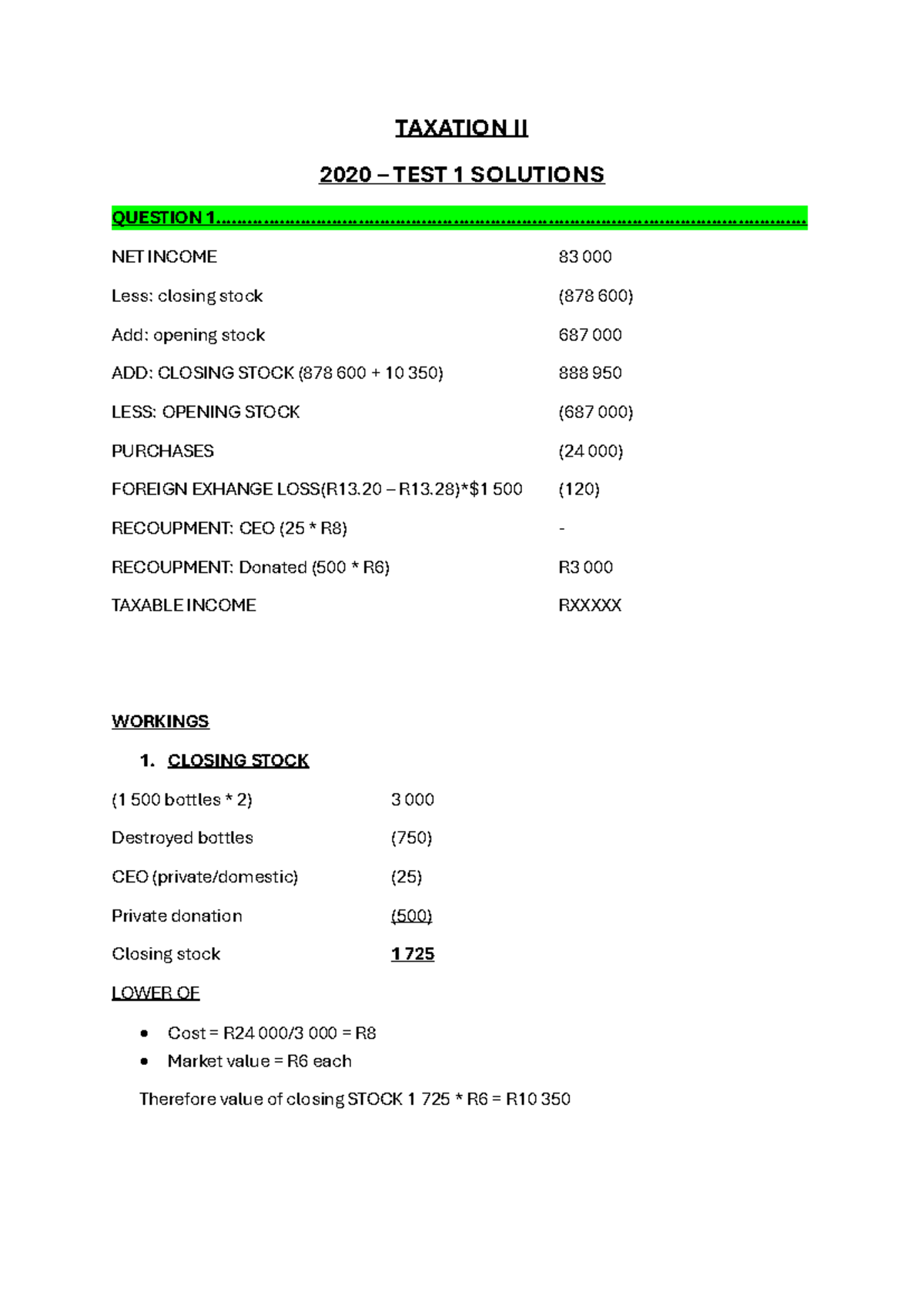 Taxation II - 2020 TEST 1 Solutions(MSN) - TAXATION II 2020 – TEST 1 ...