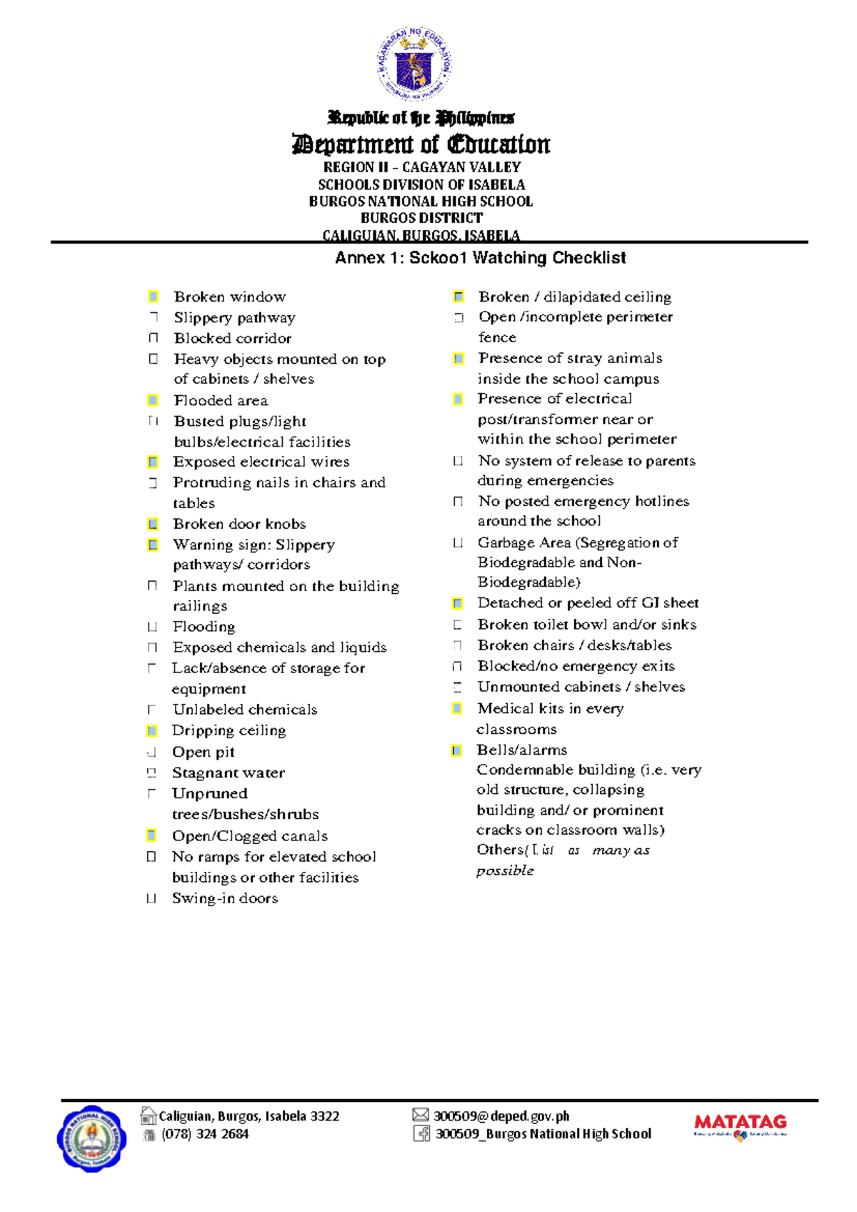 Accomplished Checklist OF School LED Watching TEAM 300509 BNHS ...