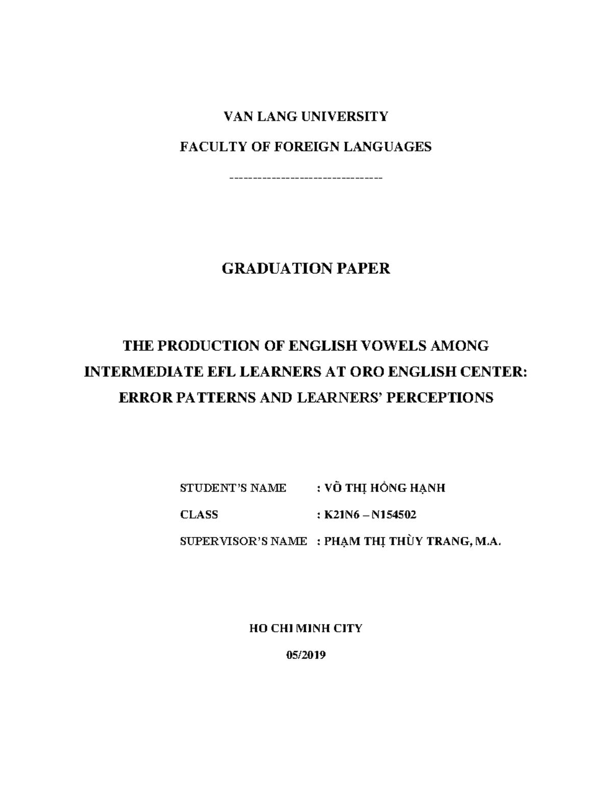 Vowel Errors - HONG HANH - VAN LANG UNIVERSITY FACULTY OF FOREIGN ...