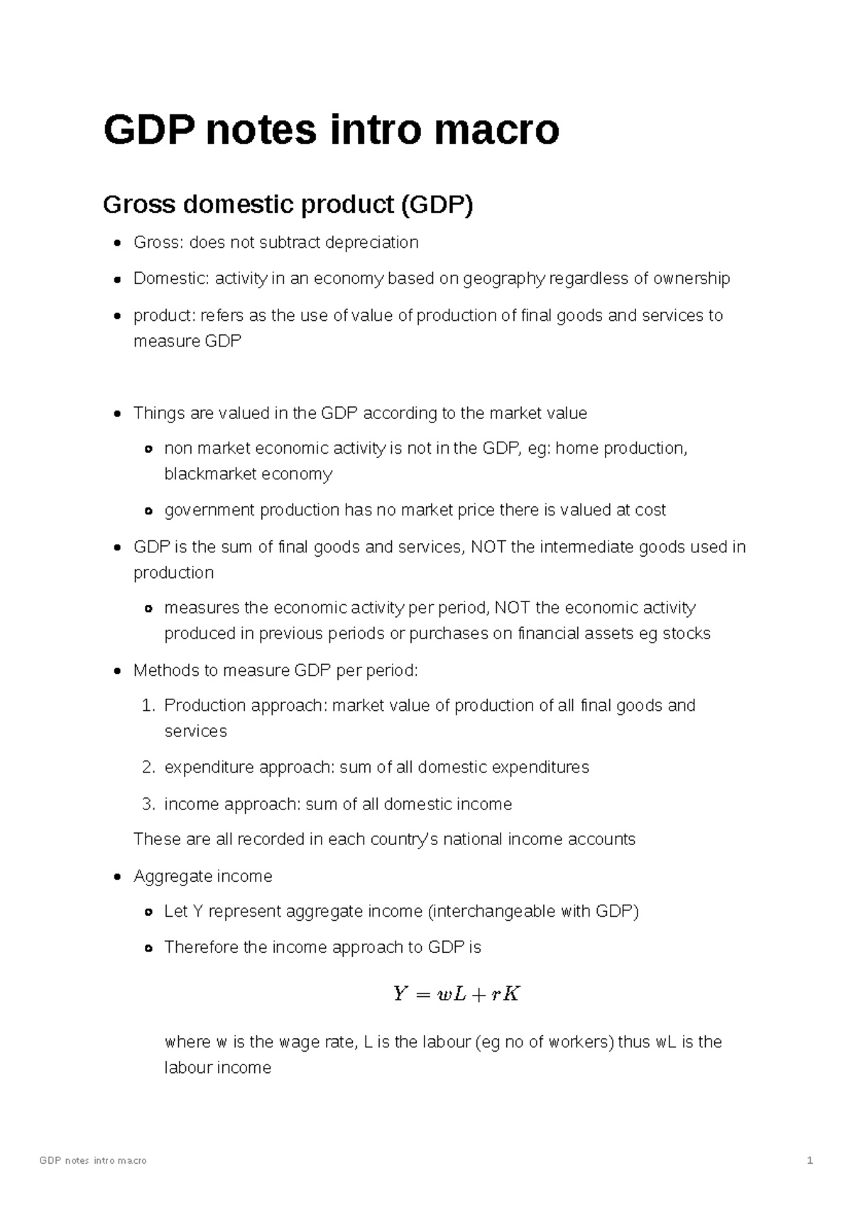 GDP notes intro macro - Summary of the gross domestic product - GDP ...