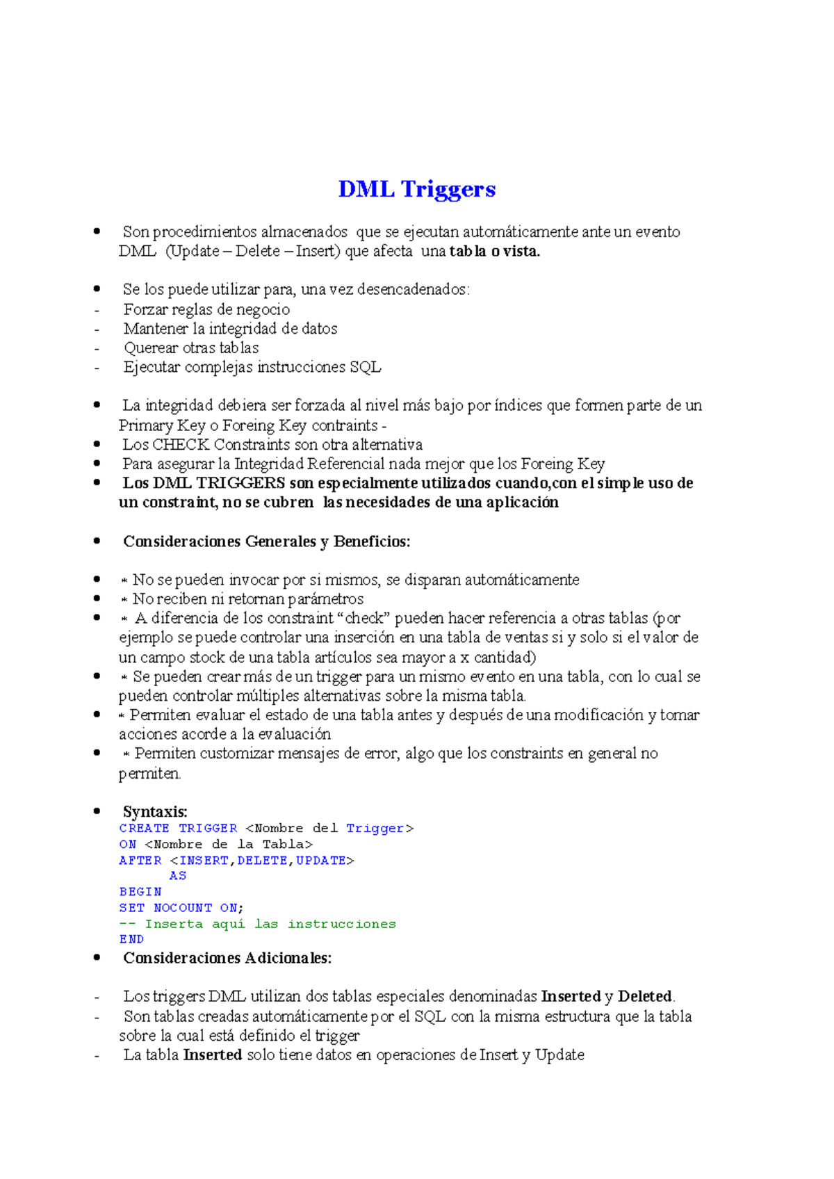 DML Triggers - ada asd av sc c - DML Triggers Son procedimientos almacenados que se ejecutan ...