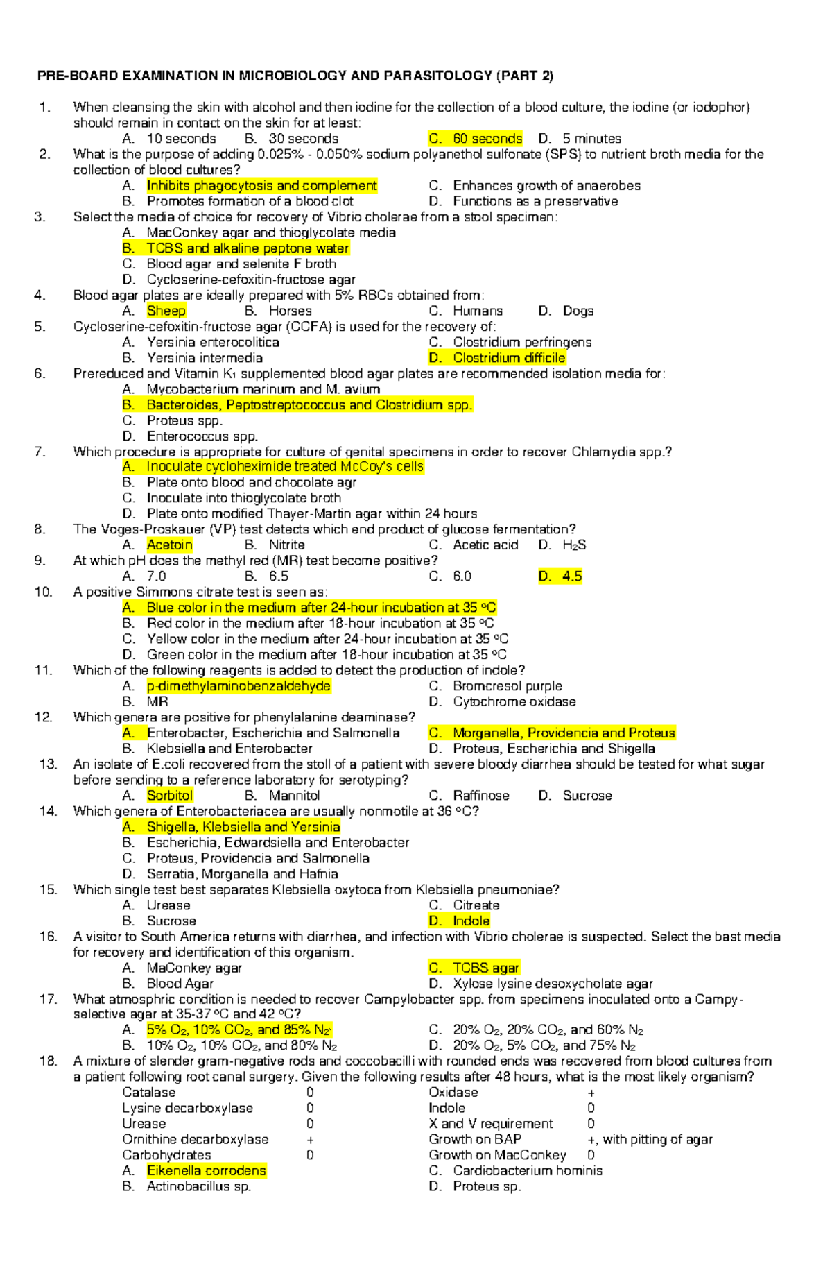 Part2 Micro - practice material - PRE-BOARD EXAMINATION IN MICROBIOLOGY AND PARASITOLOGY (PART 2 ...