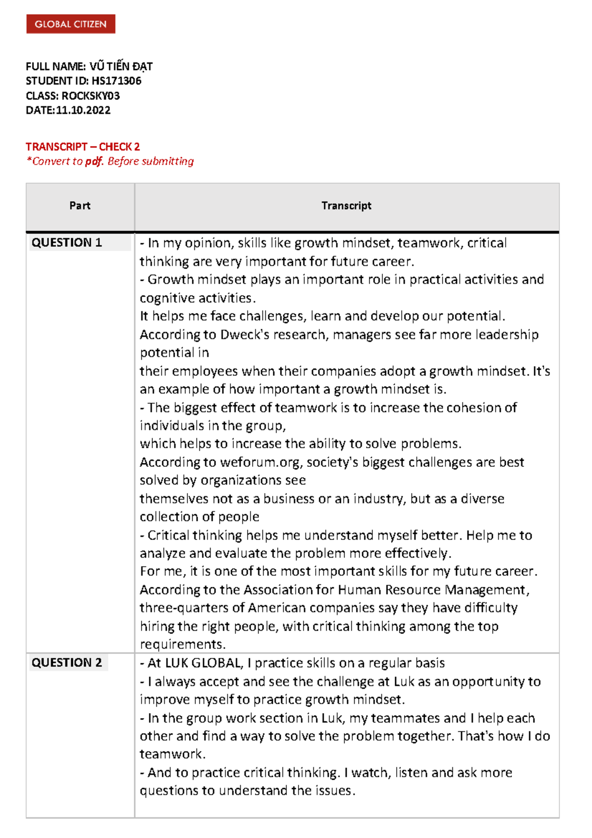 2 – Rocksky 03 – VŨ TIẾN ĐẠT – HS171306 – Check 2 Transcript - FULL ...