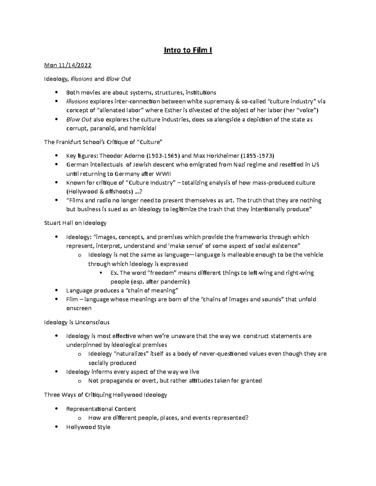 2022-14-11 Intro to Film I - Intro to Film I Mon 11/14/ Ideology ...