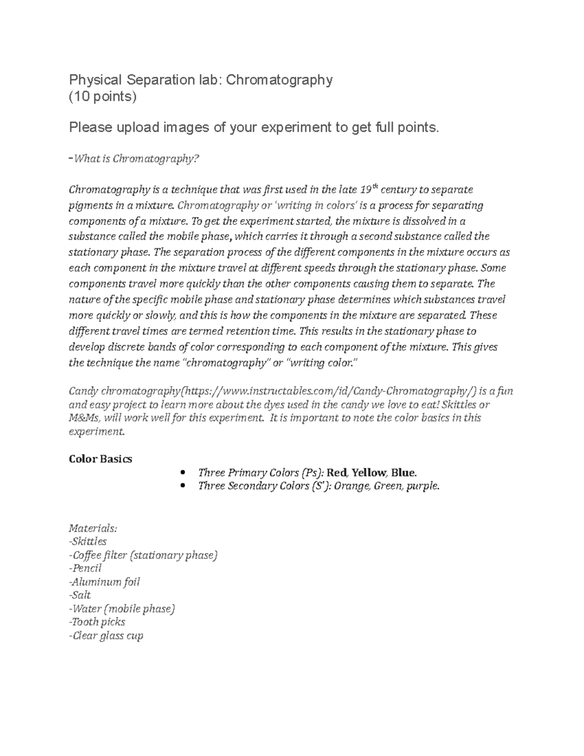 Candy Chromatography HOME LAB - Physical Separation lab: Chromatography ...