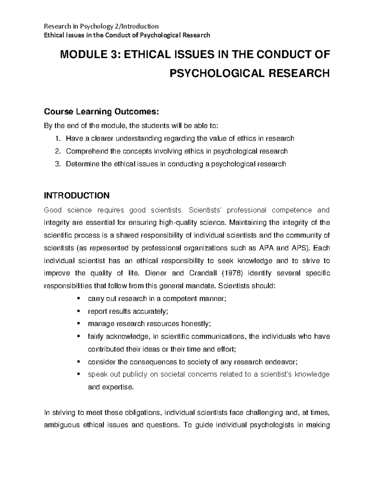 W1 Module 3- Ethical Issues IN THE Conduct OF - Ethical Issues in the ...