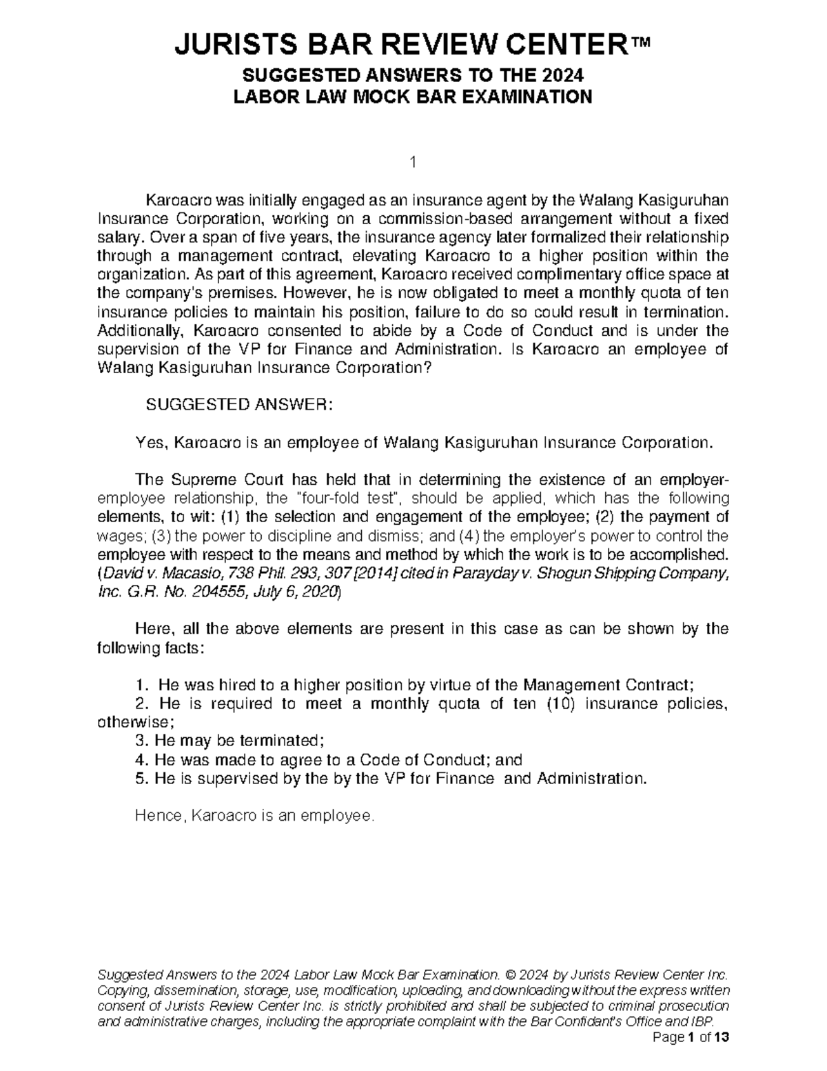 2024 Suggested Answers to Labor Law Mock Bar Examination - SUGGESTED ...