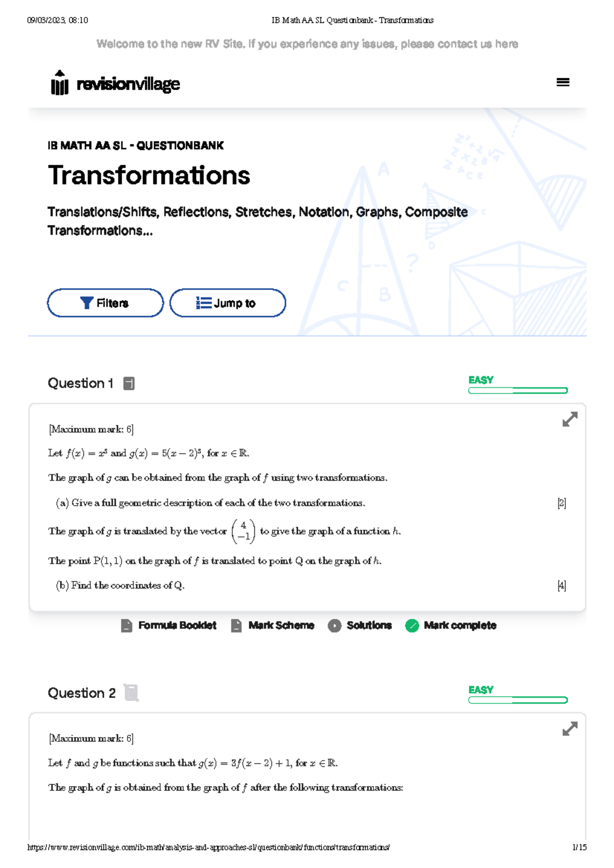 IB Math AA SL Questionbank - Transformations - Question 1 EASY Formula Booklet Mark Scheme ...