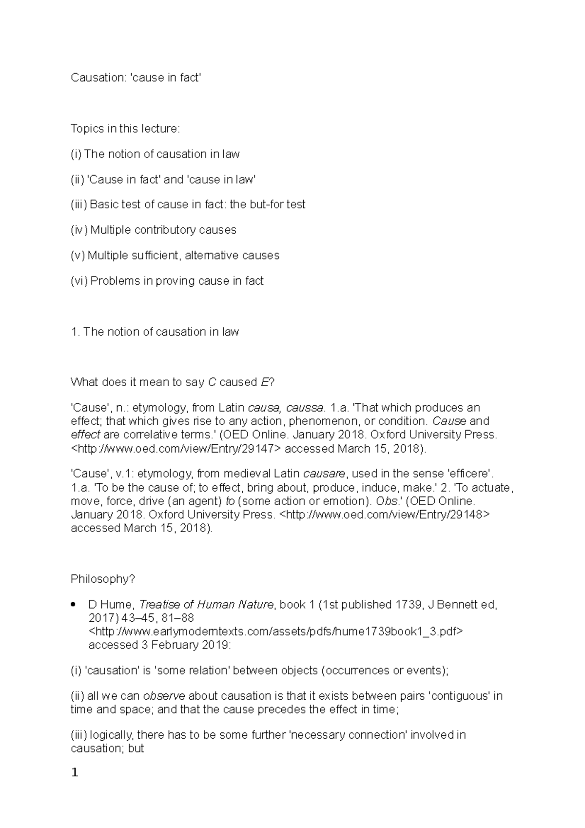 Tort lecture 3 - Causation: 'cause in fact' Topics in this lecture: (i ...