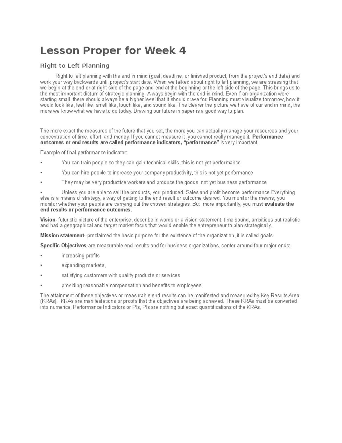 Lesson Proper for Week 1 - When we talked about right to left planning ...