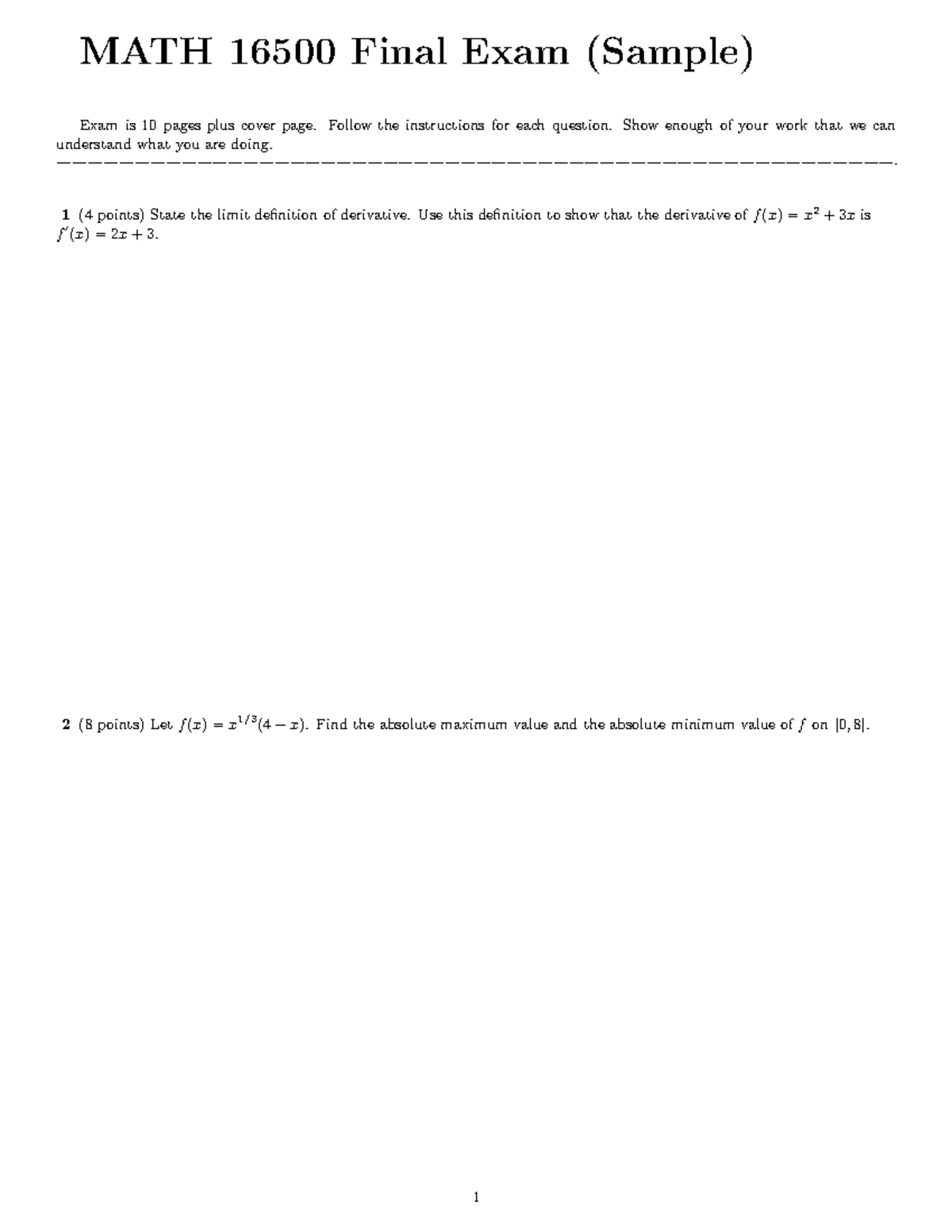 Fall 2016 165 Sample Final - MATH 16500 Final Exam (Sample) Exam is 10 ...
