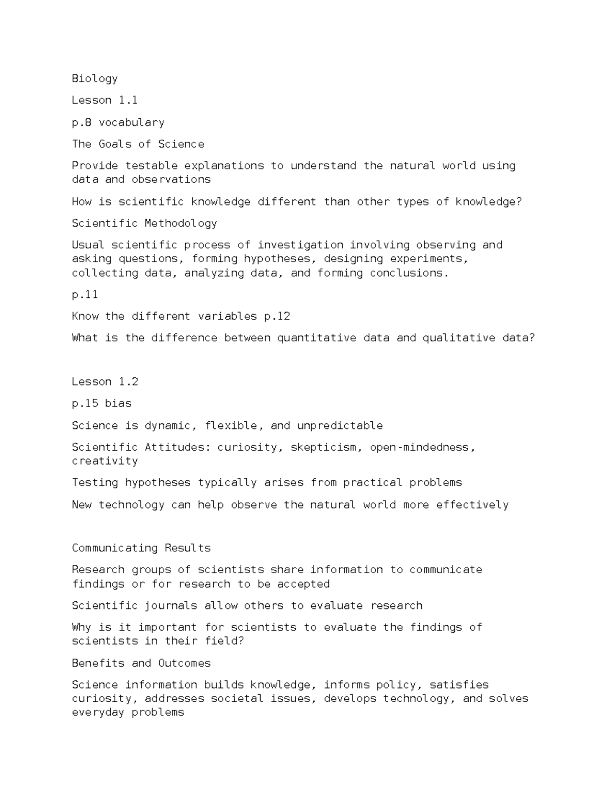 Biology notes - Biology Lesson 1. p vocabulary The Goals of Science ...