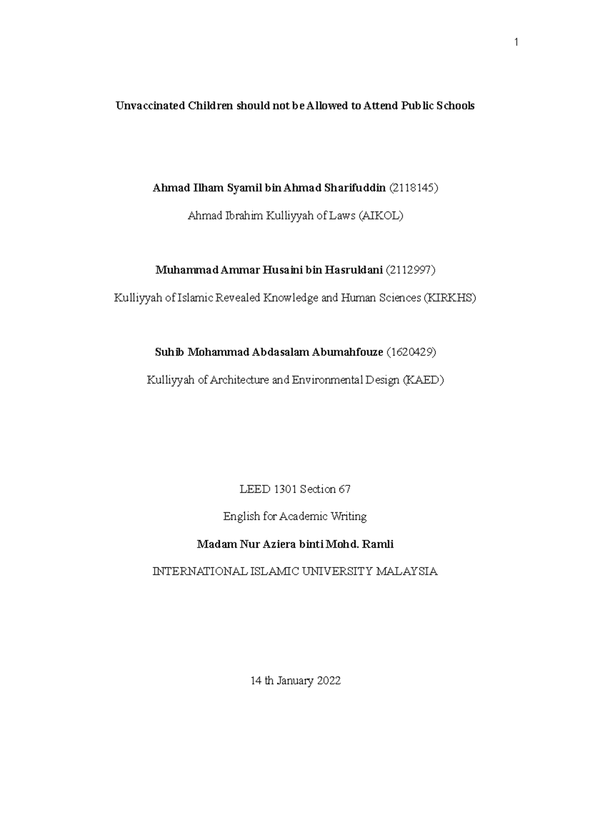 Group 3 Fully Extended Essay LEED 1301 SECT 67 - Unvaccinated Children ...