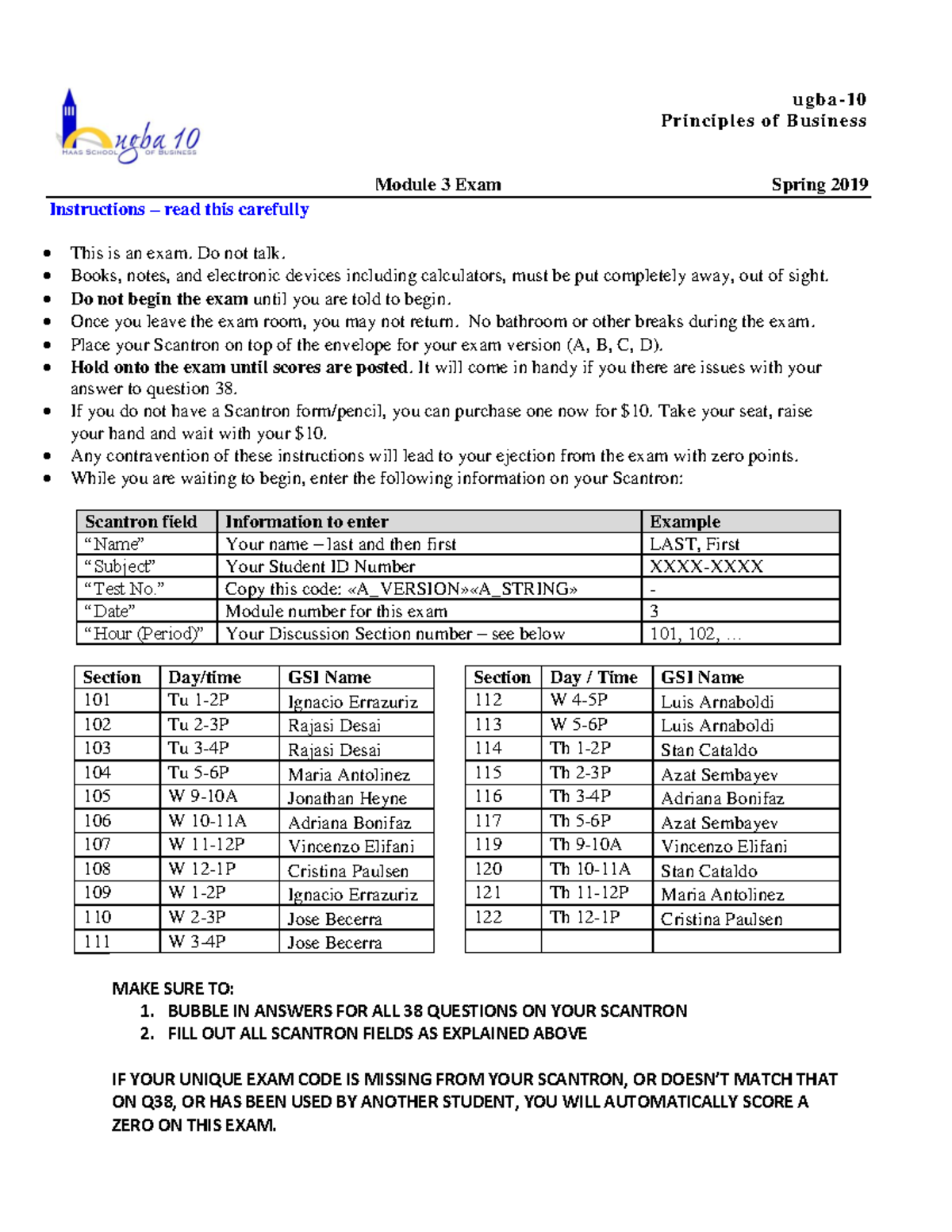 UGBA 10 Spring 2019 Finance Module Exam - u g b a - 10 P r i n c i p l ...