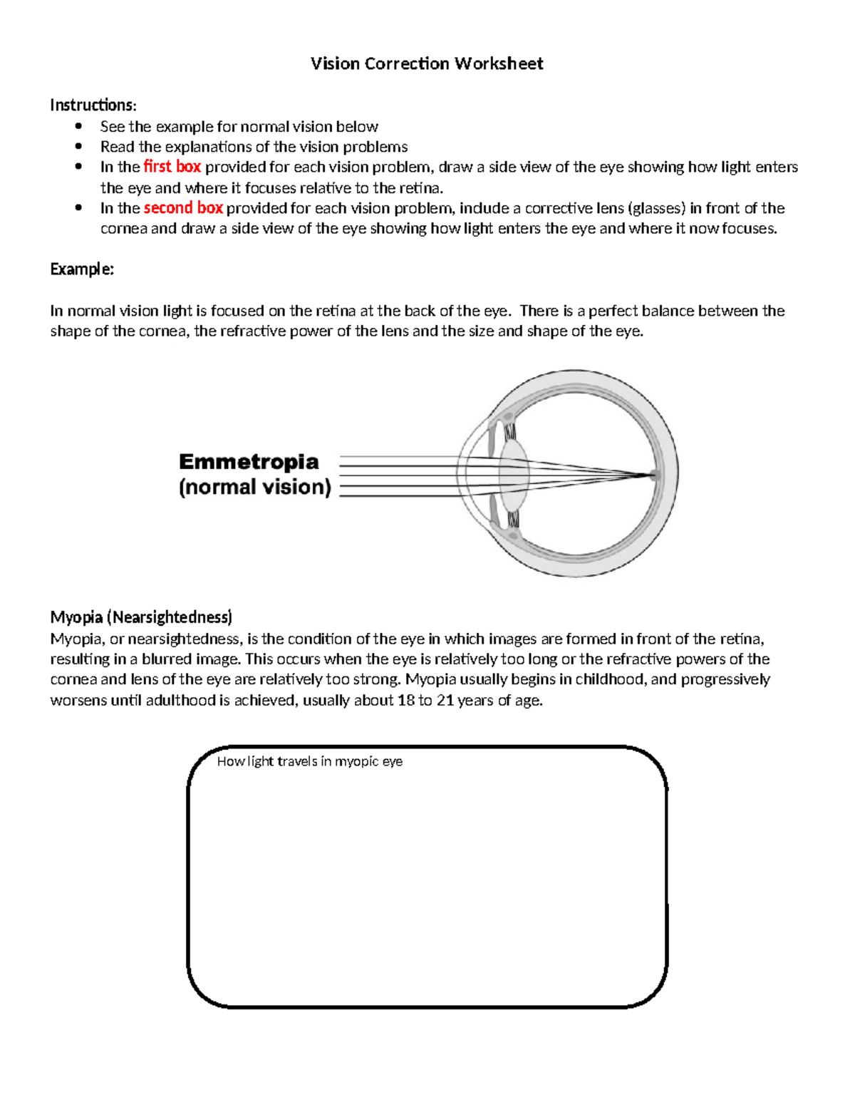 Vision Correction Worksheet - Vision Correction Worksheet Instructions ...