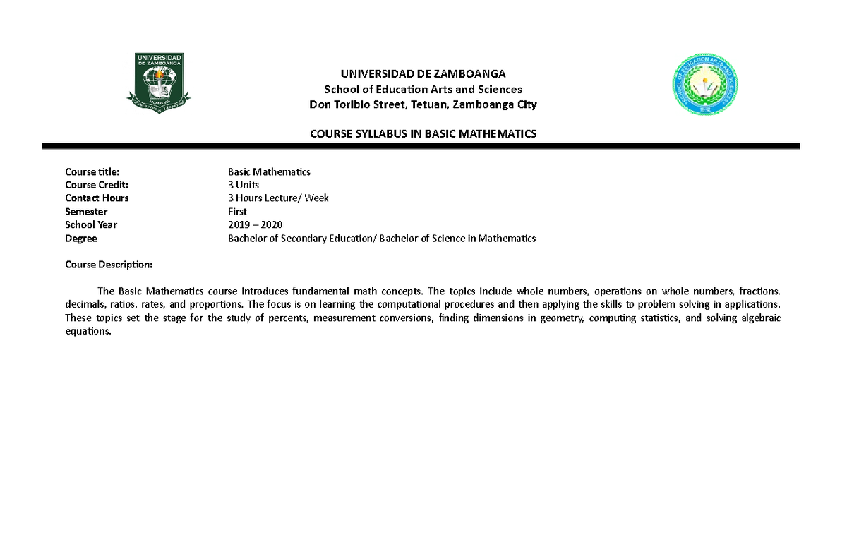 Syllabus Basic Mathematics - UNIVERSIDAD DE ZAMBOANGA School of ...