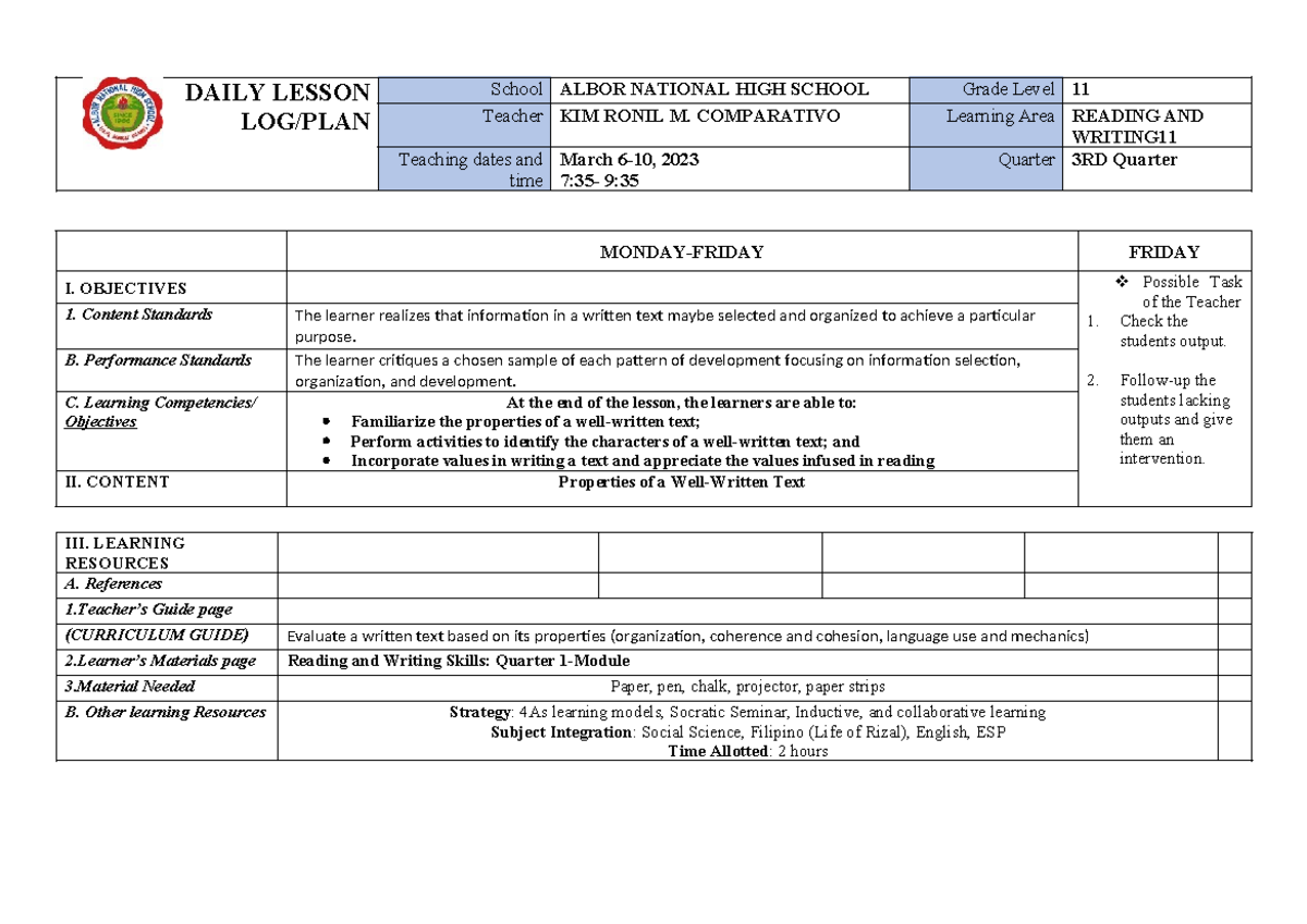 Reading and Writing Week 2 - DAILY LESSON LOG/PLAN School ALBOR ...