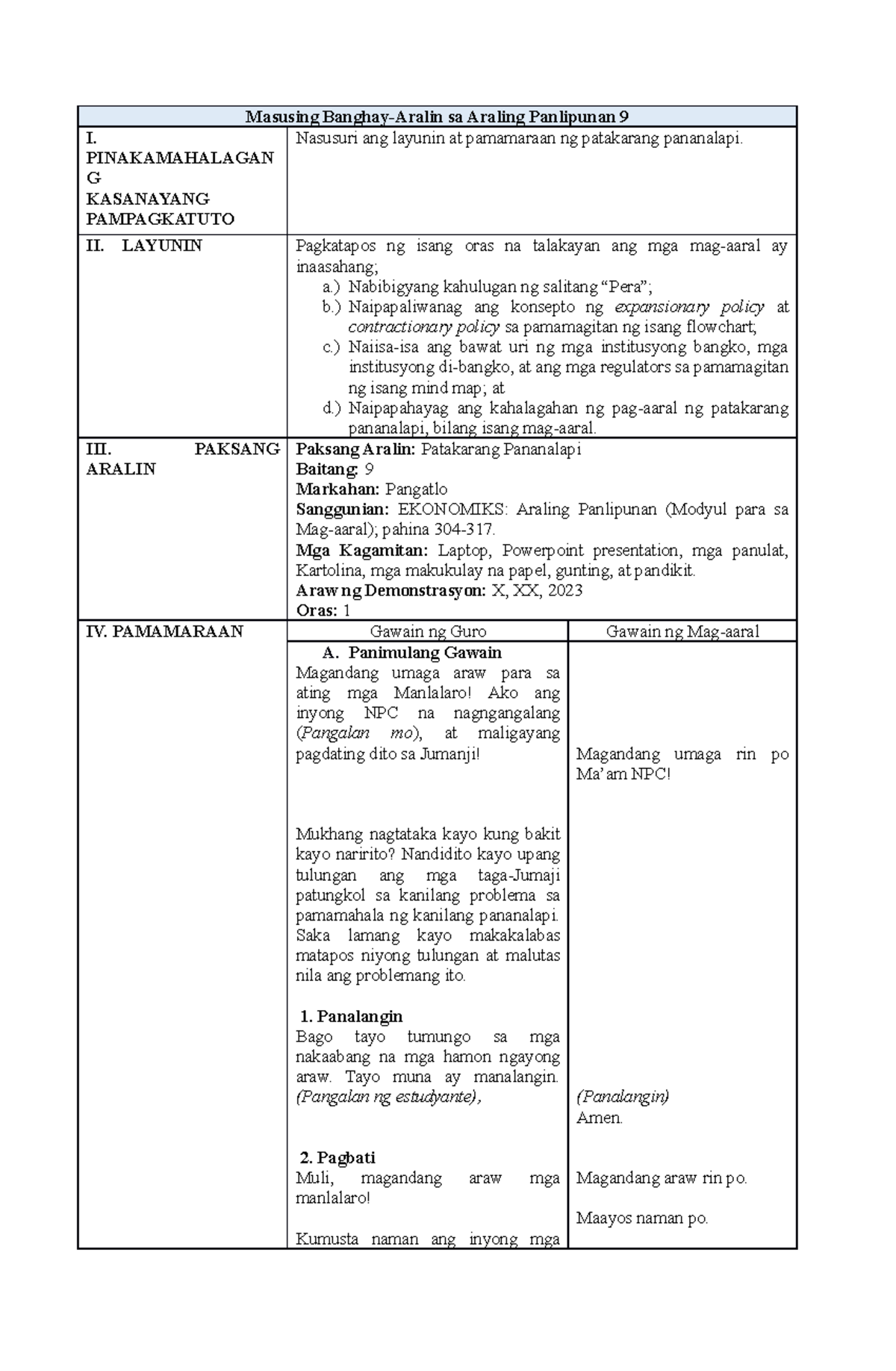 Patakarang Pananalapi - Lesson Plan Sample - Masusing Banghay-Aralin sa ...