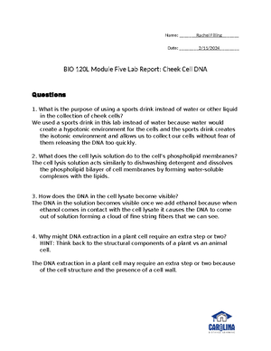BIO 120L Module Three Cell Structure and Function Lab Report Rachel Filling - Name: Rachel L ...