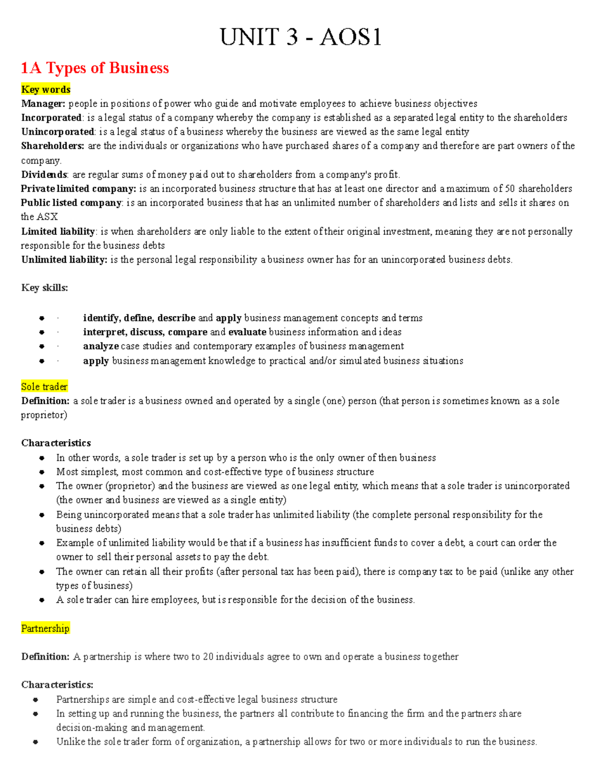 Exam Notes - UNIT 3 - AOS 1A Types of Business Key words Manager ...