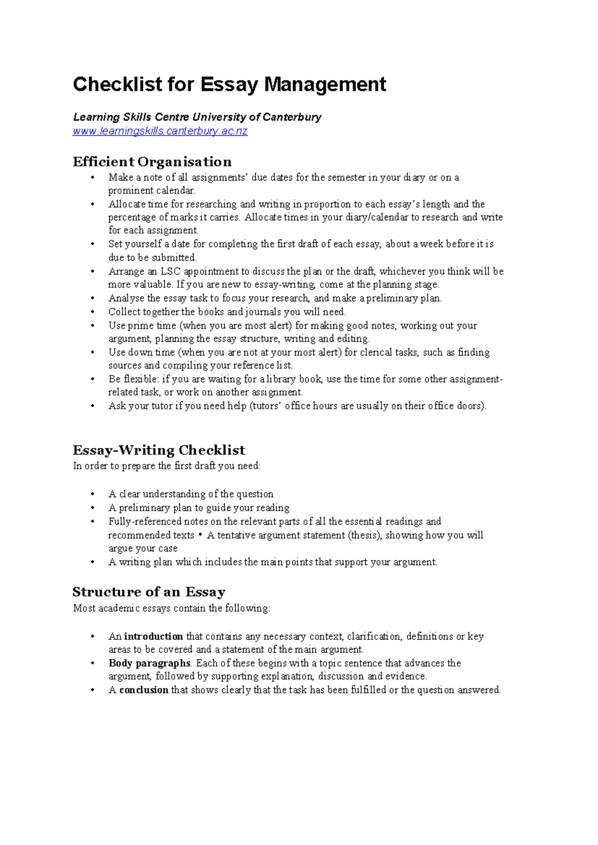 Checklist for Essay Management - Checklist for Essay Management ...