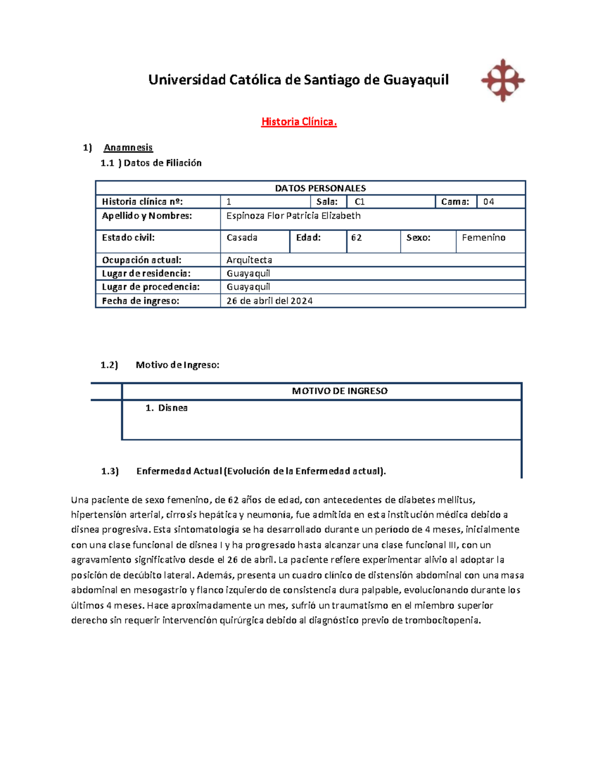 HC DE Paciente CON Edema Pulmonar Cardiogenico - Universidad Católica ...
