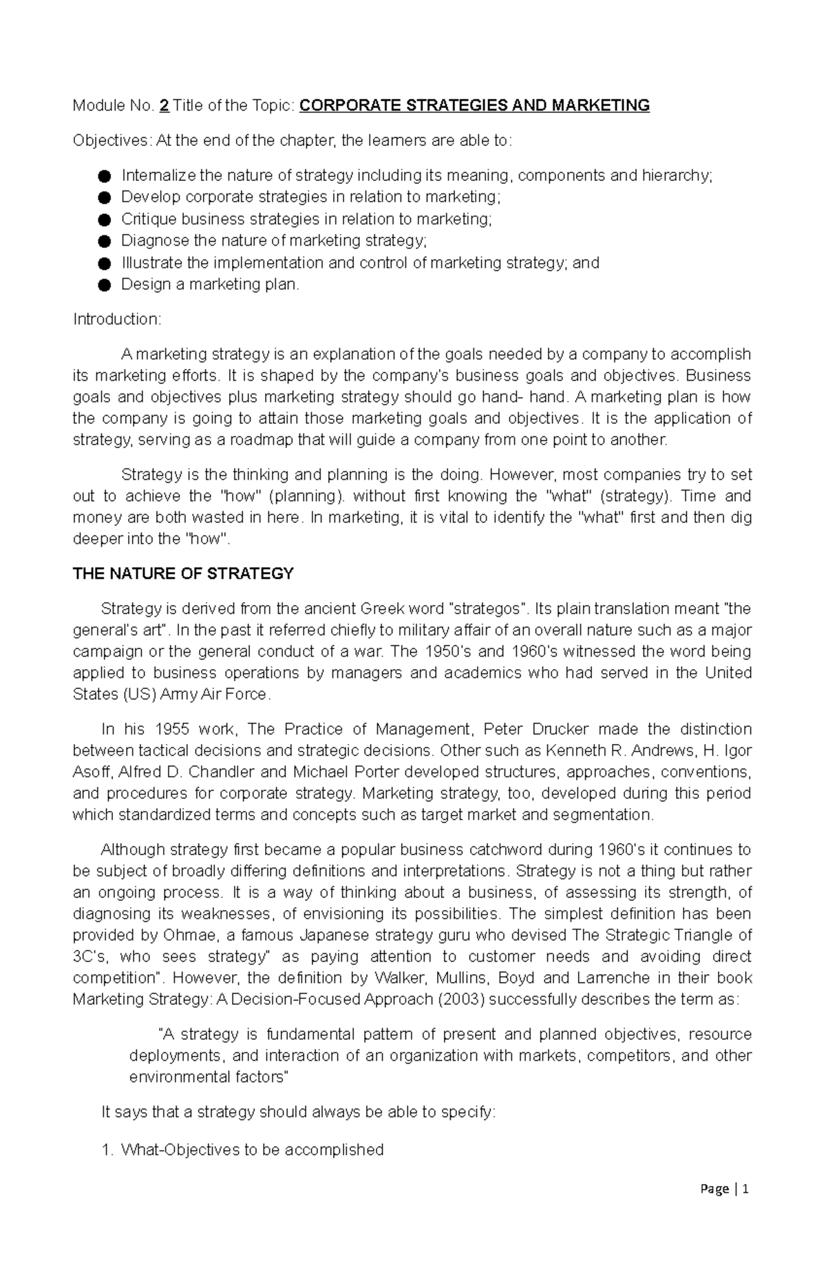 Module 2- Corporate Strategies and Marketing - Module No. 2 Title of ...