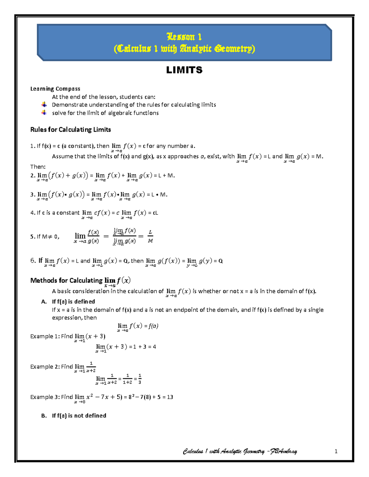 Lesson 1 Limits of Algebraic Functions Copy - Calculus 1 with Analytic Geometry - FBAmbray 1 ...