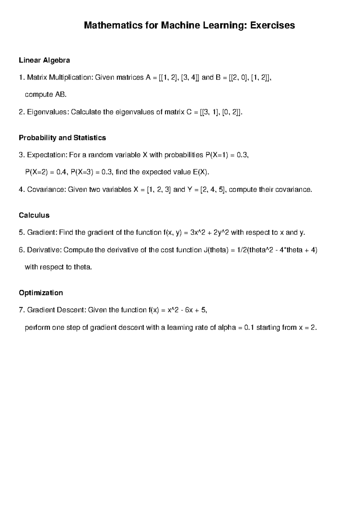 Math Exercises Machine Learning - Mathematics for Machine Learning ...