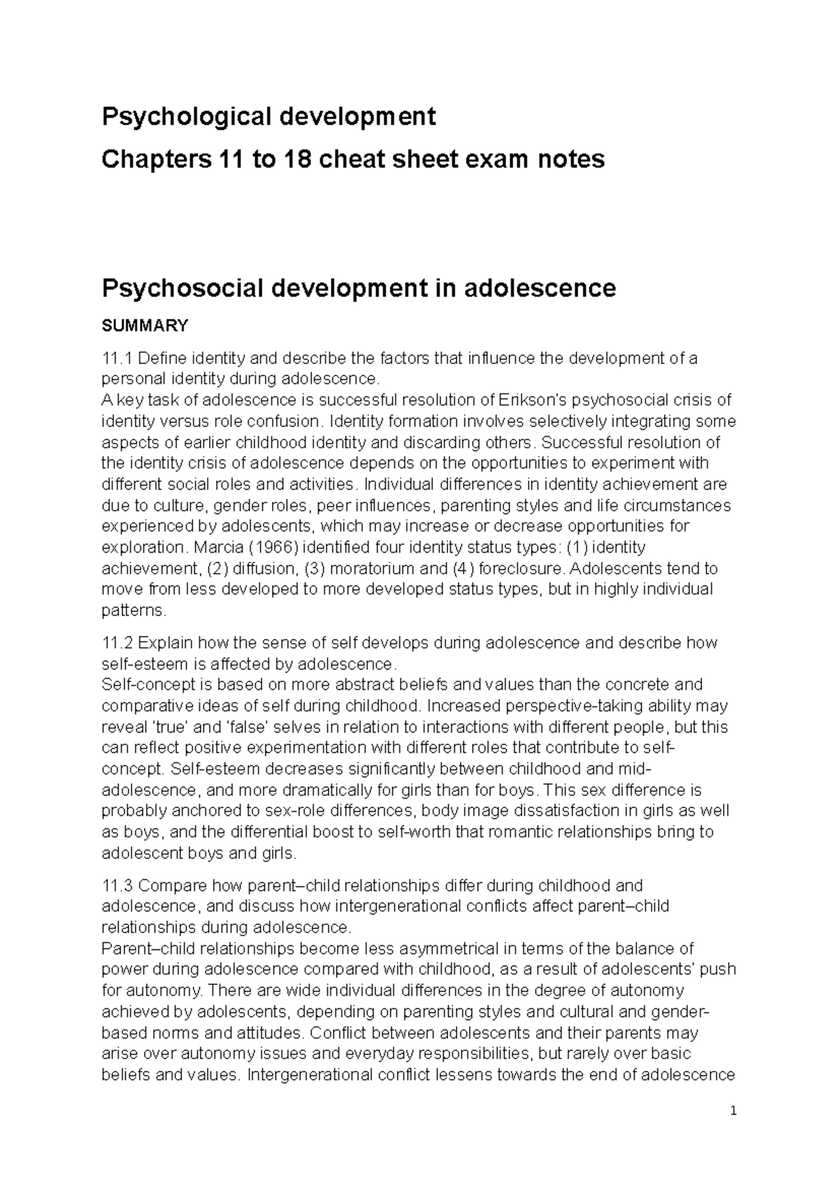 Psychological Development 11 to 18 cheat sheet - Psychological ...