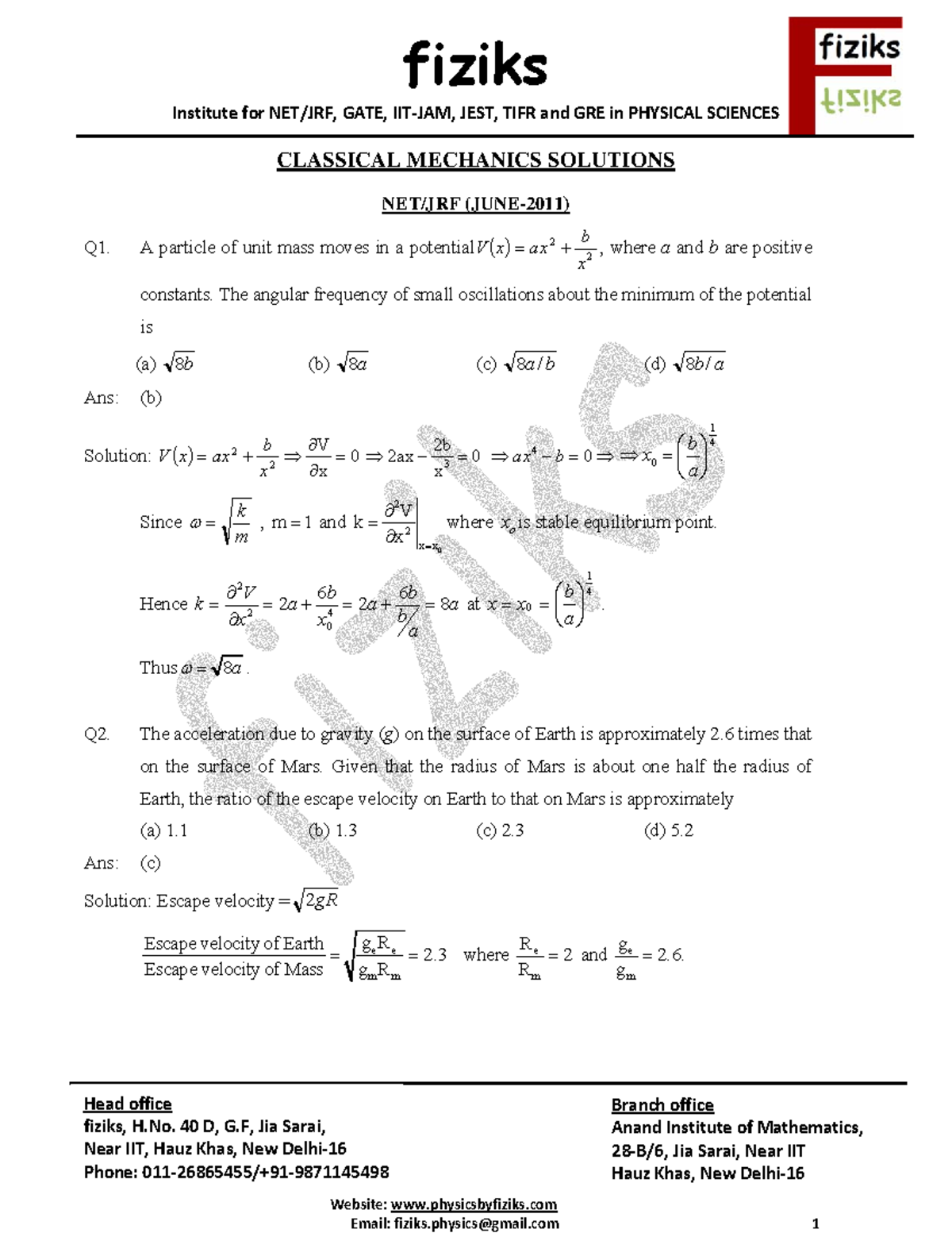 2.Classical Mechanics NET-JRF June 2011-Dec 2016 - Institute for NET/JRF, GATE, IIT‐JAM, JEST ...