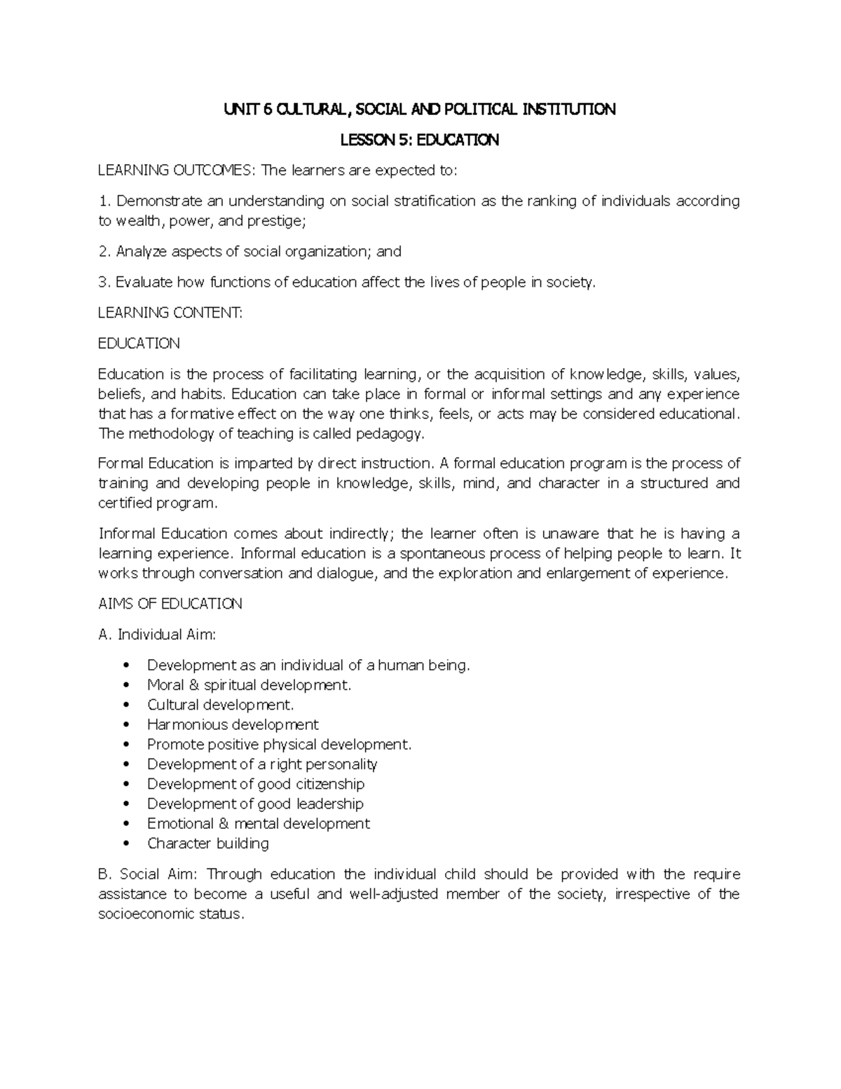 W1. UCSP UNIT 6 Lesson 5 Education - UNIT 6 CULTURAL, SOCIAL AND ...