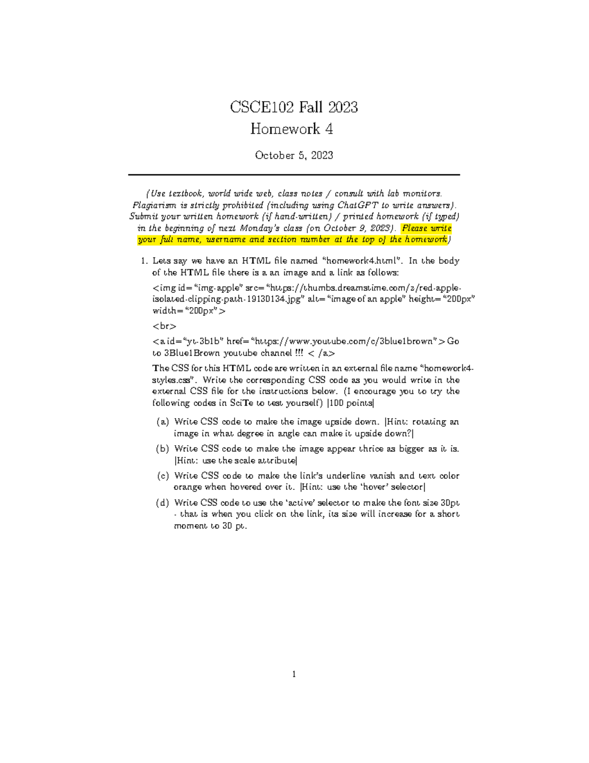 Homework 4 - CSCE102 Fall 2023 Homework 4 October 5, 2023 (Use textbook ...