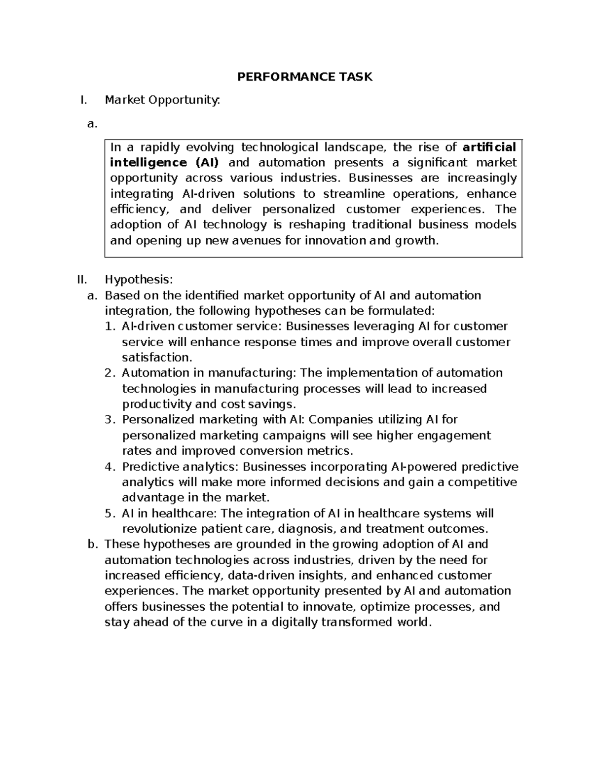 Performance TASK Allen - PERFORMANCE TASK I. Market Opportunity: a. In ...