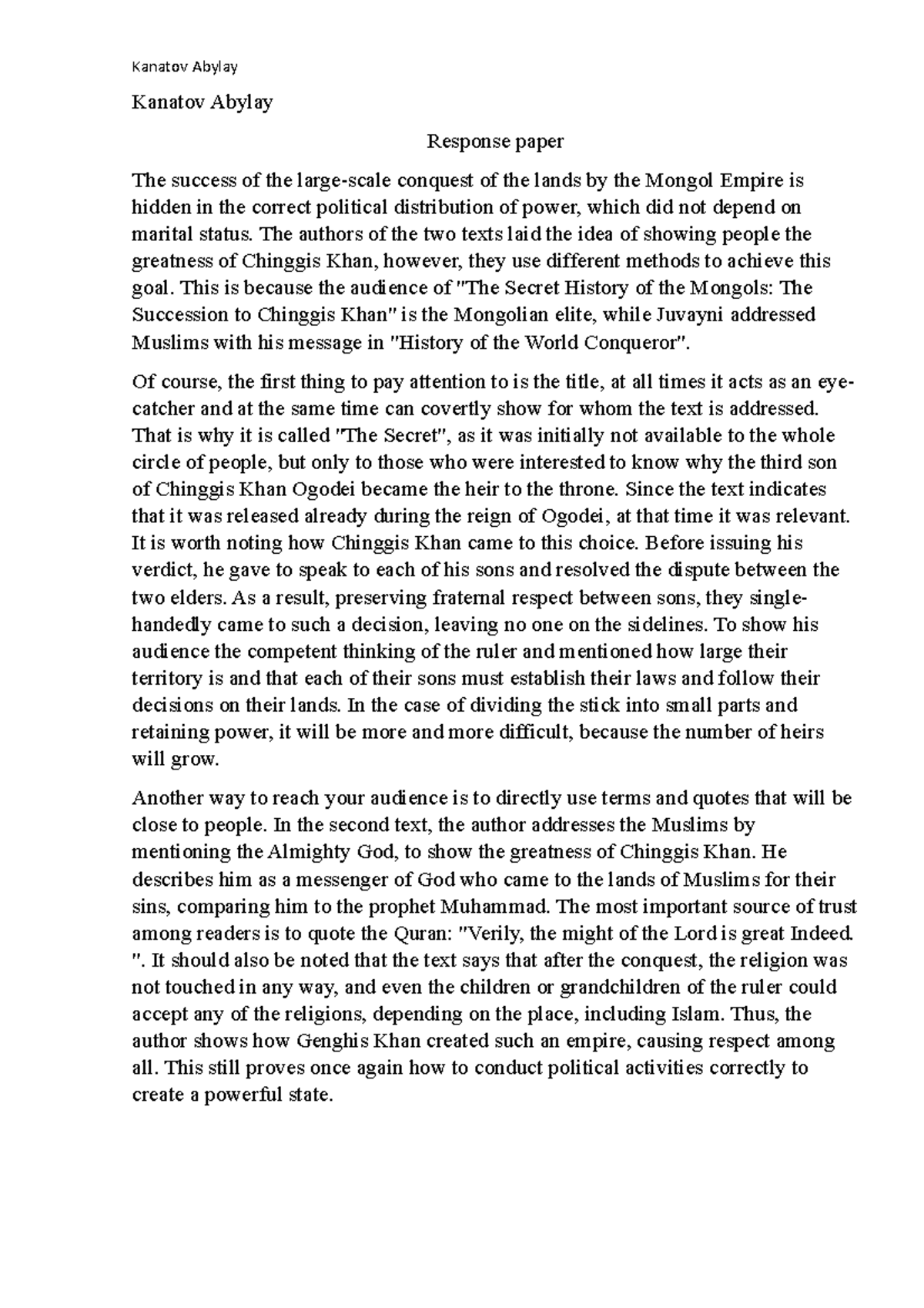 Response paper 1 for HST100 "The success of the large-scale conquest of ...