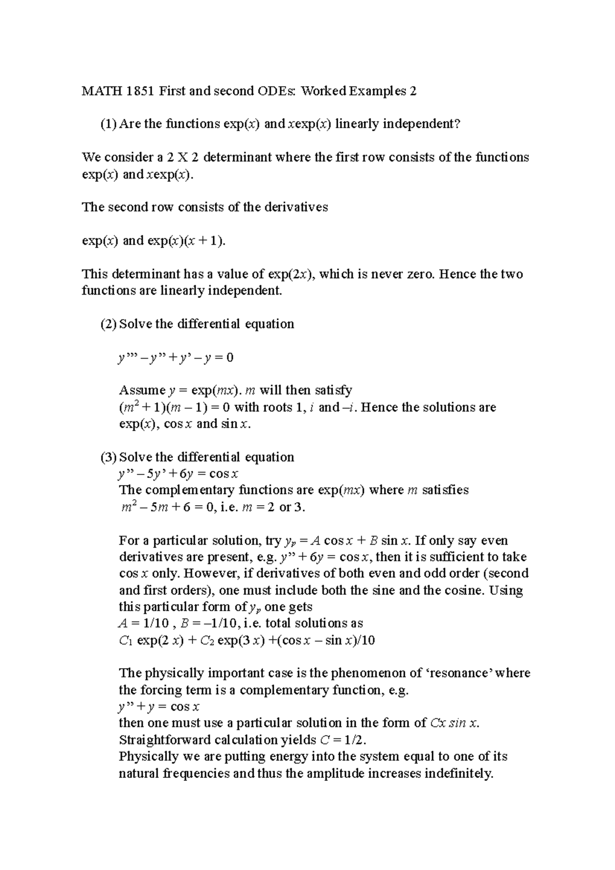 Worked Examples 2 First and second order ODE - MATH 1851 First and ...