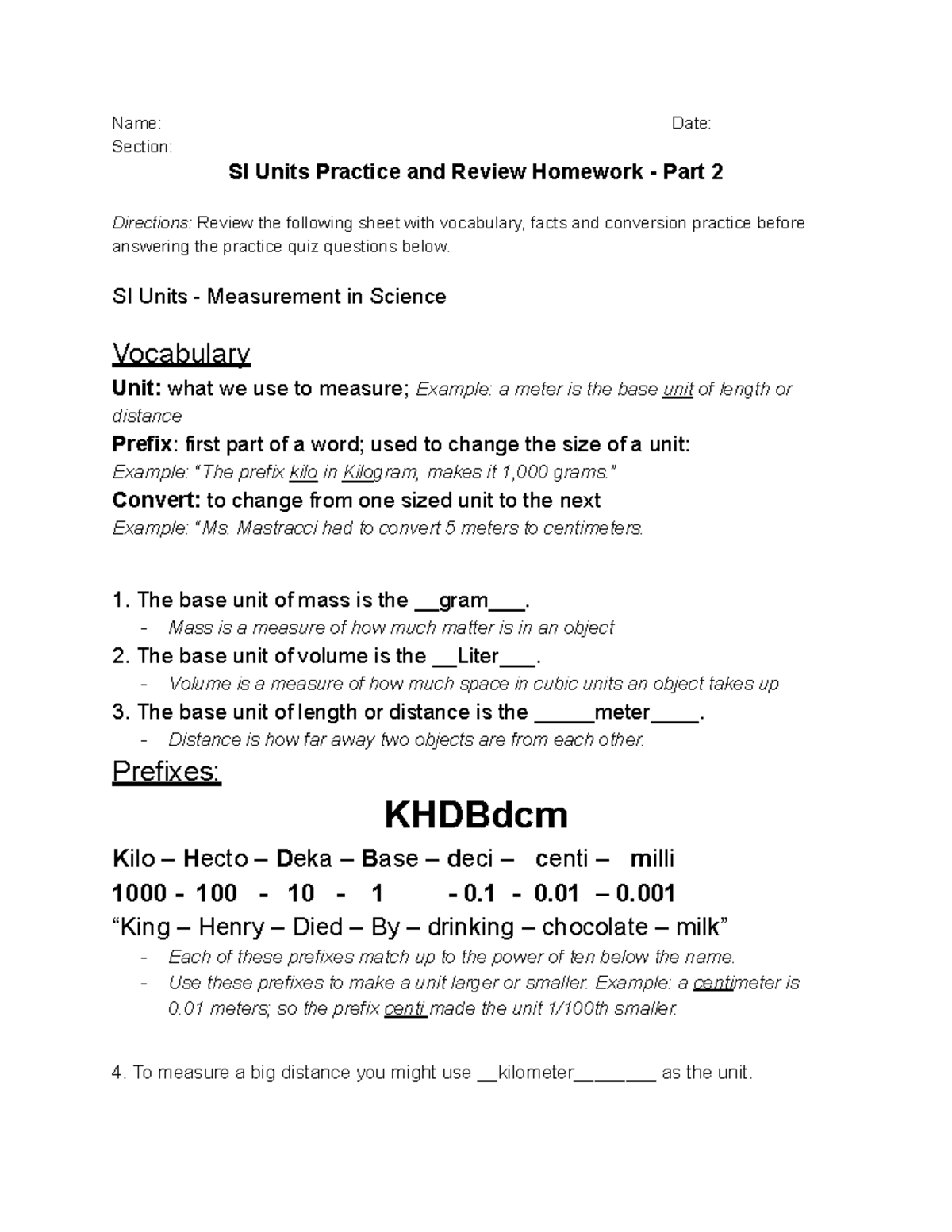 SI Units Practice and Review - Name: Date: Section: SI Units Practice ...