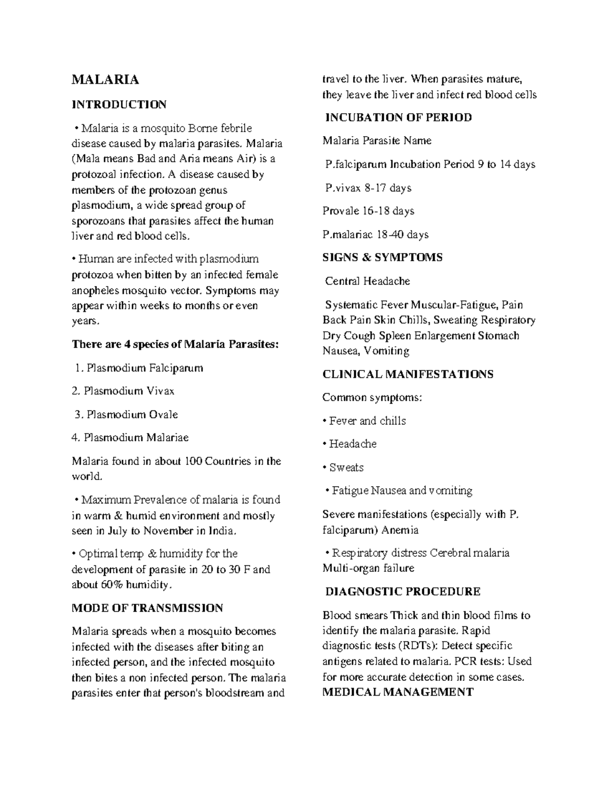 Reviewer- Medsurg - Infectious - MALARIA INTRODUCTION Malaria is a ...