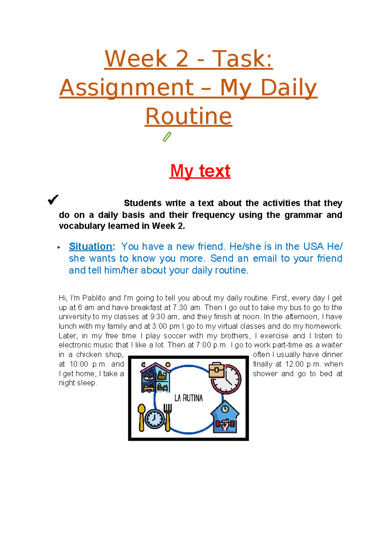 My Daily Routine - Week 2 - Task: Assignment – My Daily Routine My text Students write a text ...