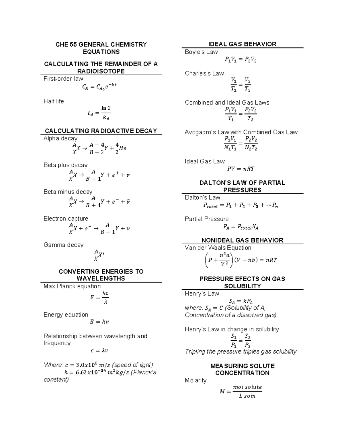 General Chemistry Equations - CHE 55 GENERAL CHEMISTRY EQUATIONS ...