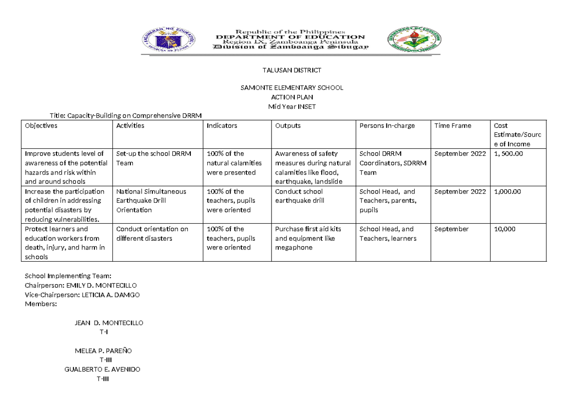 Action plan in inset midyear - TALUSAN DISTRICT SAMONTE ELEMENTARY ...