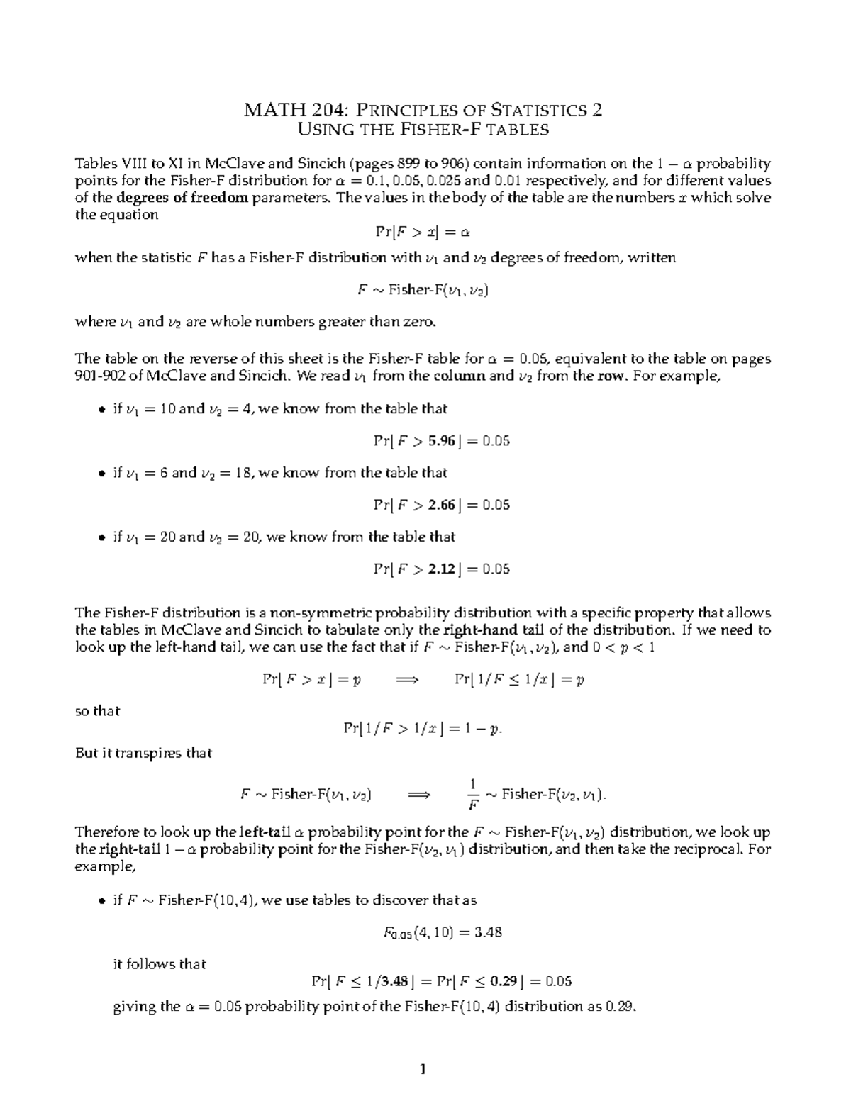 F table - MATH 204: PRINCIPLES OF STATISTICS 2 USING THE FISHER-F ...