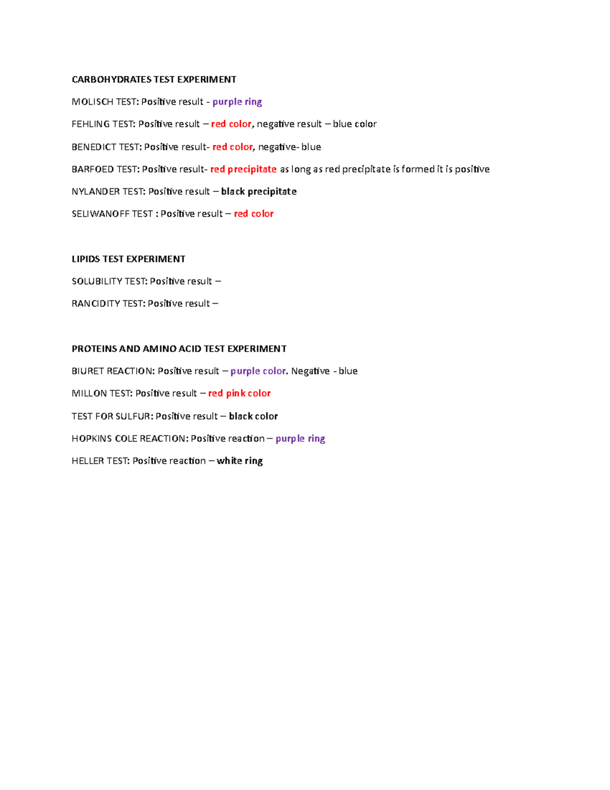 TEST Experiment Positive Colors - CARBOHYDRATES TEST EXPERIMENT MOLISCH ...