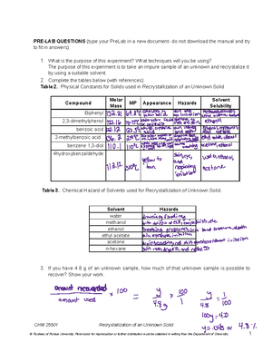 Pre-lab 2 - week 2 pre-lab - CHM25501 Melting Point Trends 1 PRELAB QUESTIONS (type your PreLab ...
