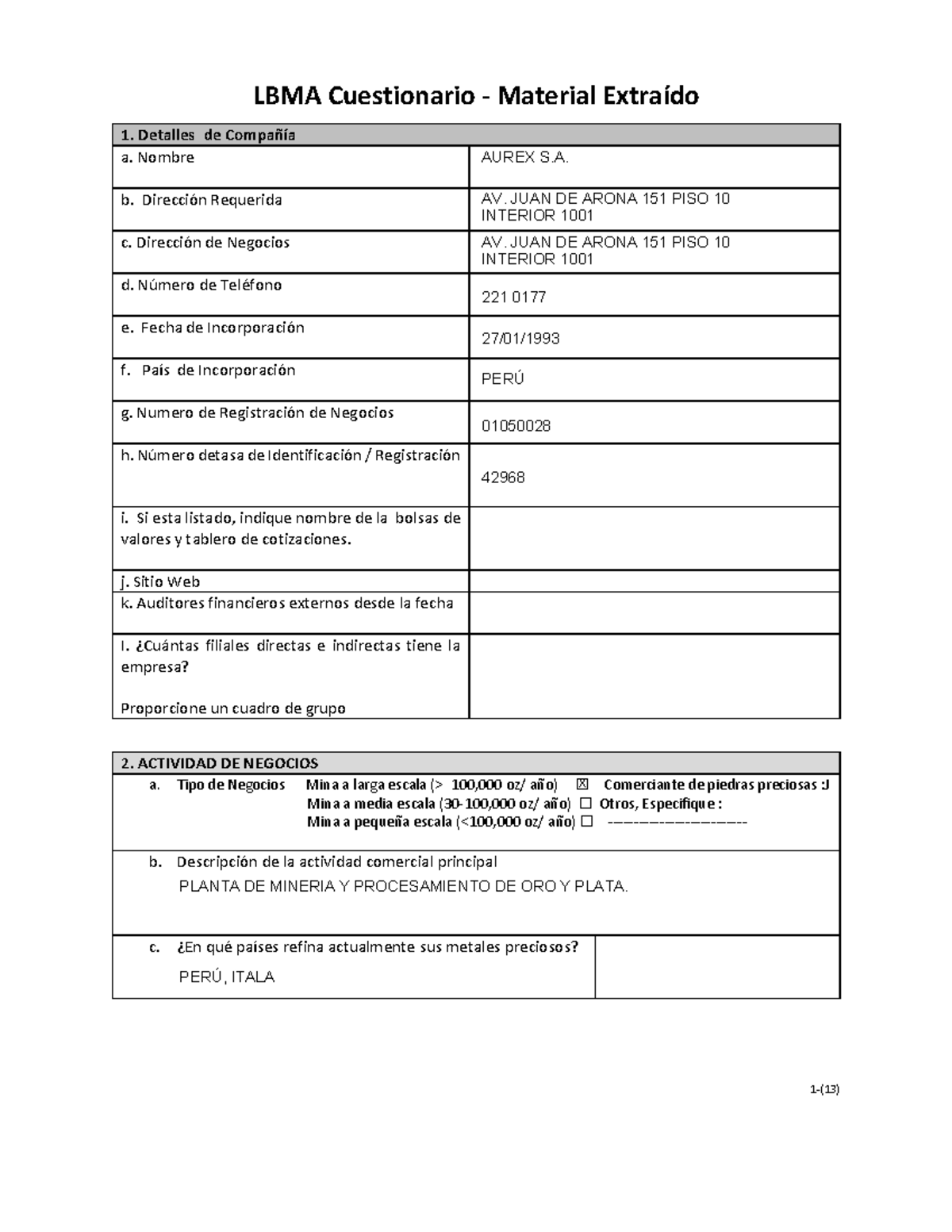 LBMA Questionnaire - Mined Material - Spanish - LBMA Cuestionario ...
