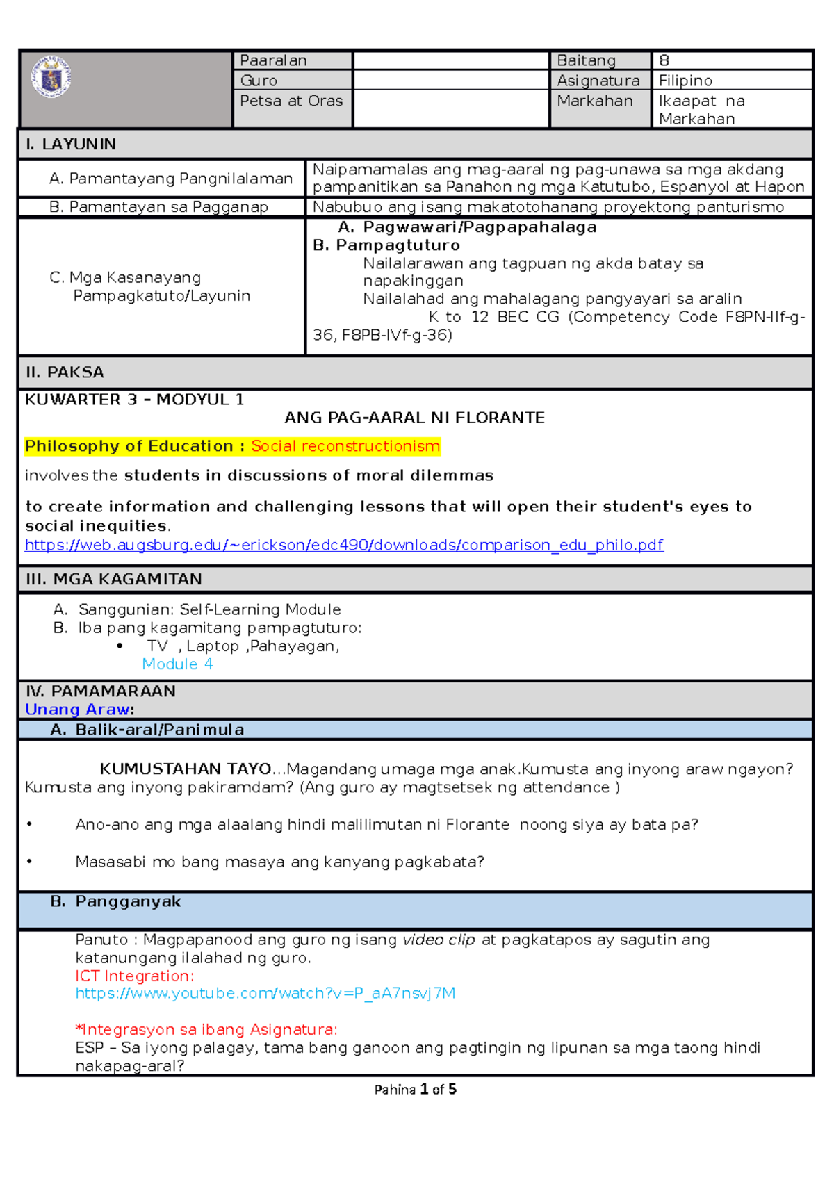 Banghay- Aralin sa pag-aaral ni florante - Paaralan Baitang 8 Guro Asignatura Filipino Petsa at ...