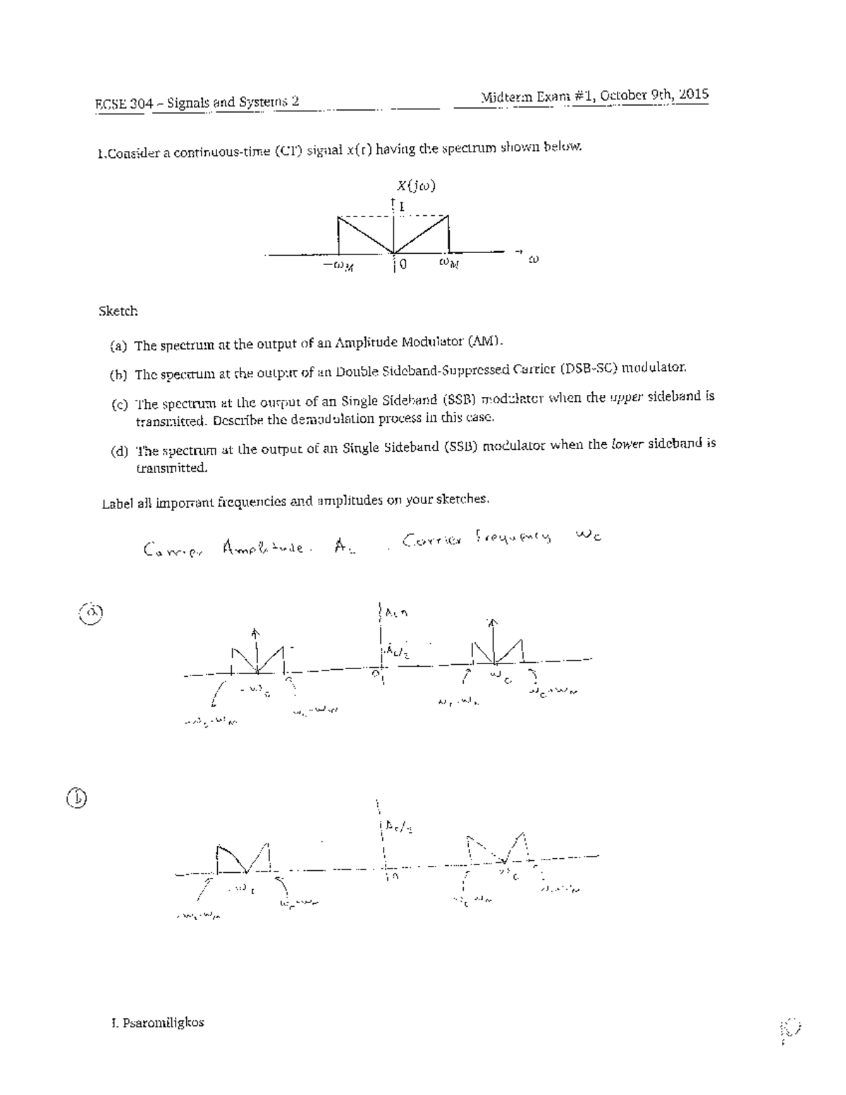 Exam 9 October 2015, questions and answers - ECSE 304 Signals and ...